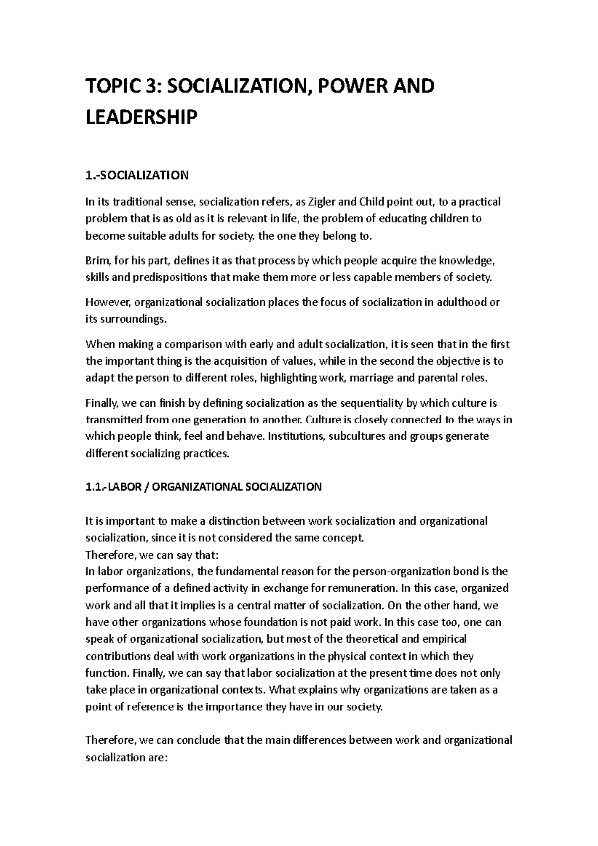 UNIT 3 Psicology - Lecture notes 3 - TOPIC 3: SOCIALIZATION, POWER AND ...