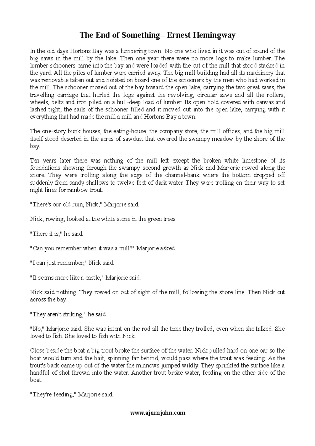 Book ;The end of Something - The End of Something– Ernest Hemingway In ...