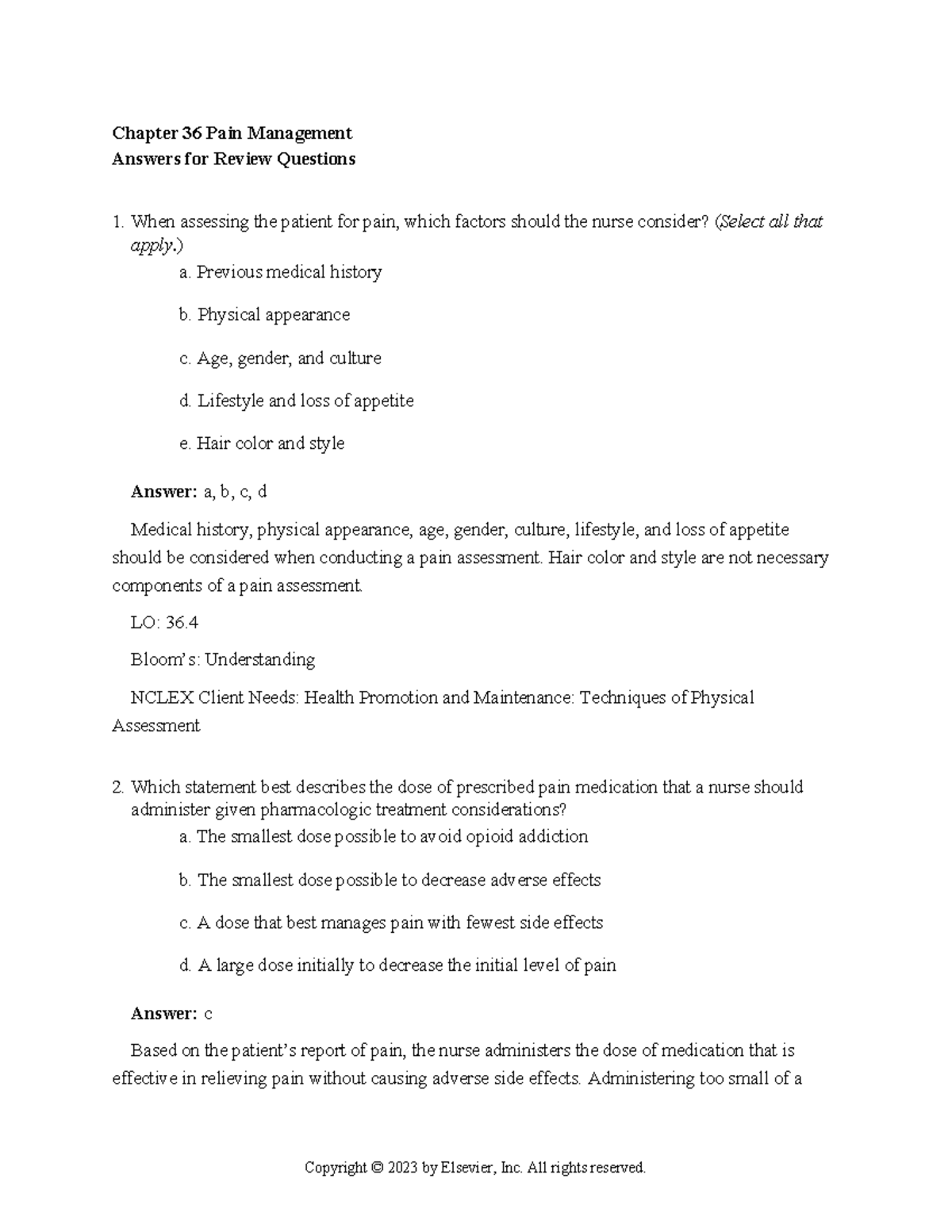PAIN Practice Questions - Chapter 36 Pain Management Answers for Review ...