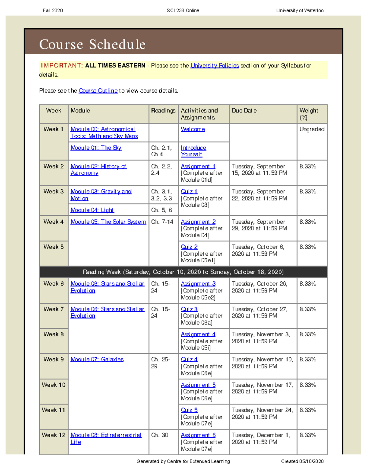 1209 Syllabus SCI 238 - Course Schedule IMPORTANT: ALL TIMES EASTERN ...