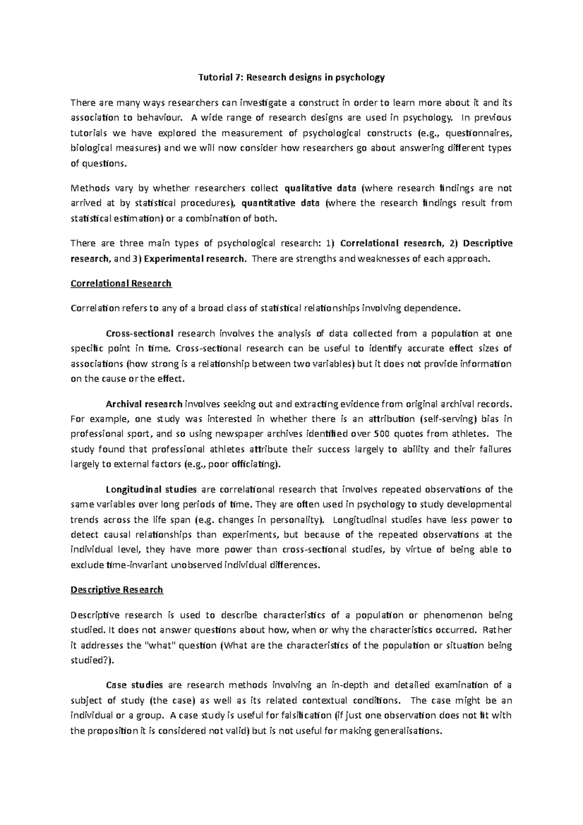 Week 9 - Tutorial Handout - Tutorial 7: Research designs in psychology There are many ways - Studocu