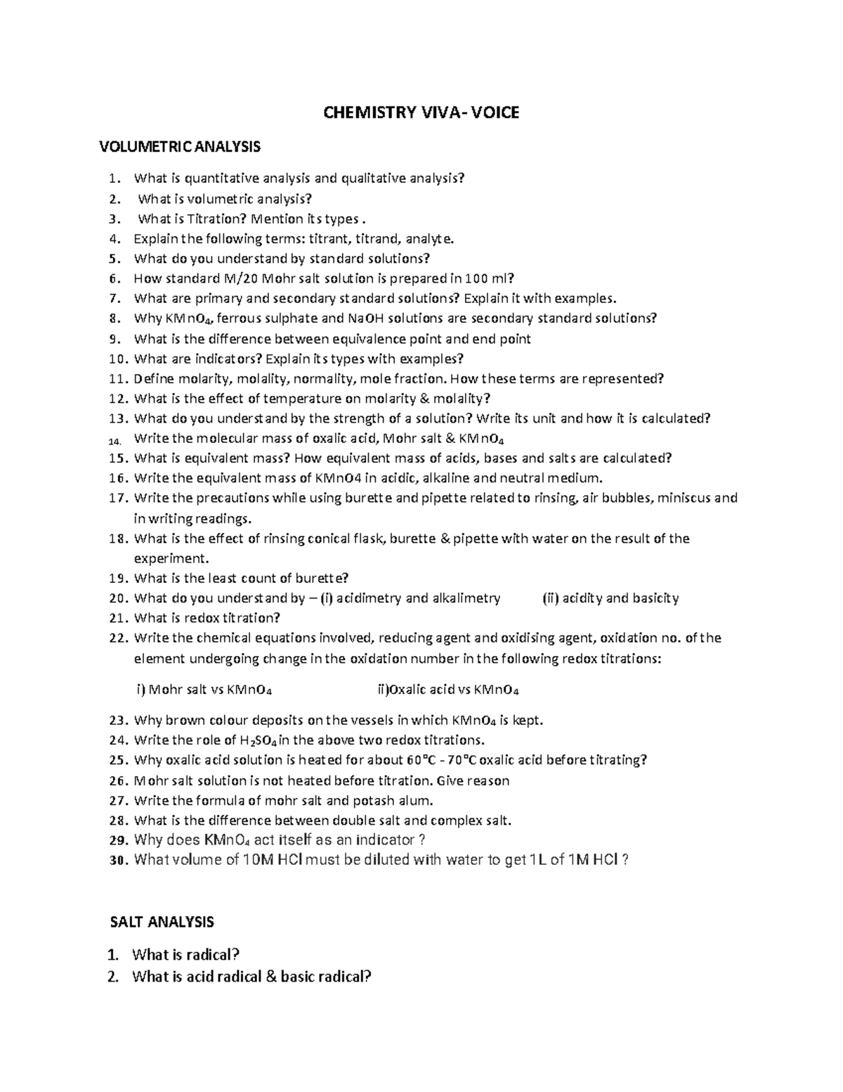 Chemistry VIVA- Voice - Questions - CHEMISTRY VIVA- VOICE VOLUMETRIC ...