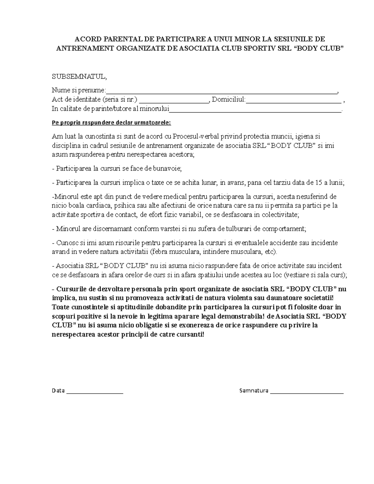 Acord de participare a miniorului la sectie sportiva - ACORD PARENTAL ...