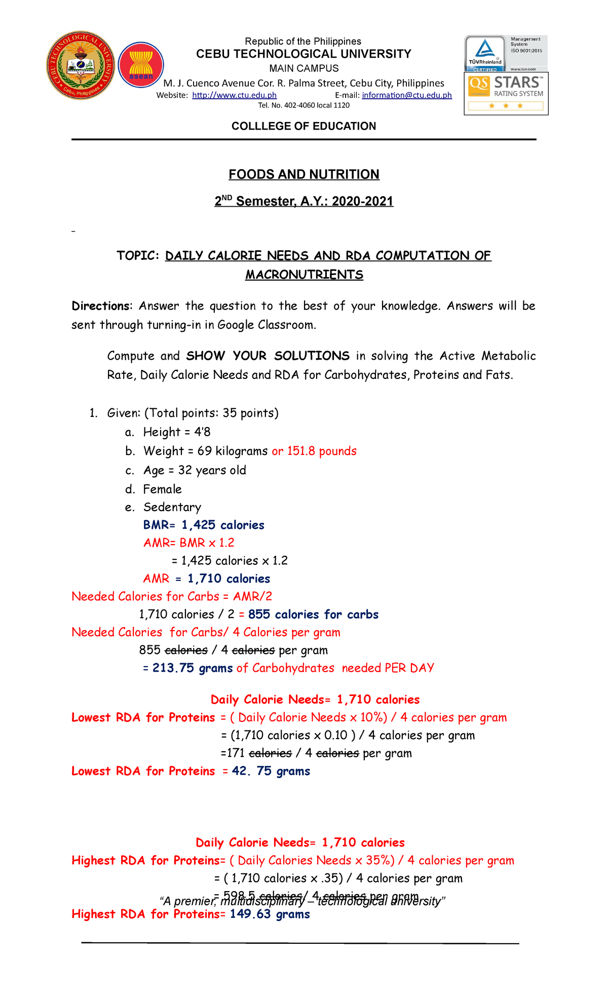 Joyce Ann J. Impang - Activity NO 2. - RDA for Macronutrients with ...