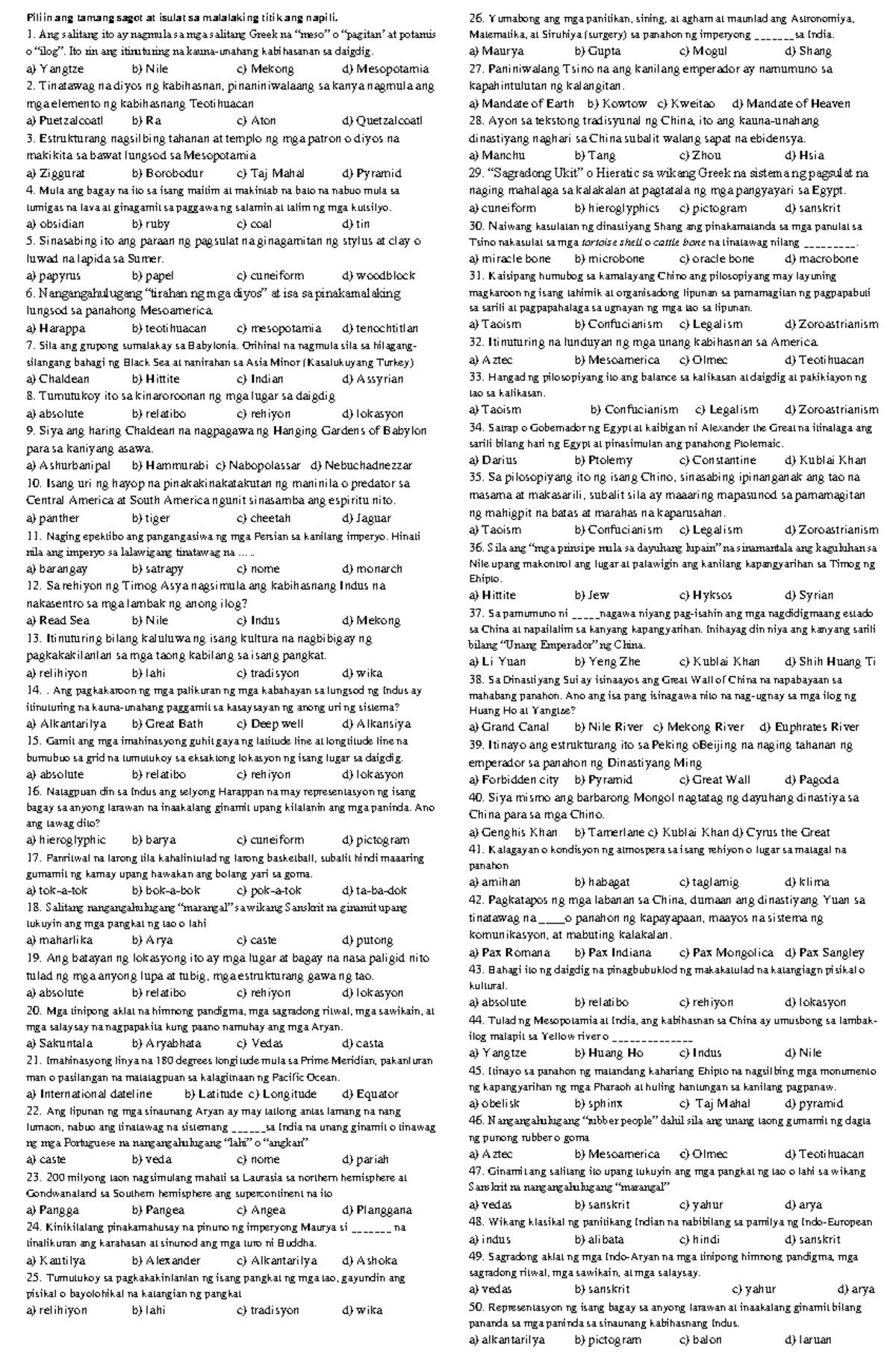 Q1 Test Review 50 - Kasaysayan ng Daigdig materials - Piliin ang tamang ...