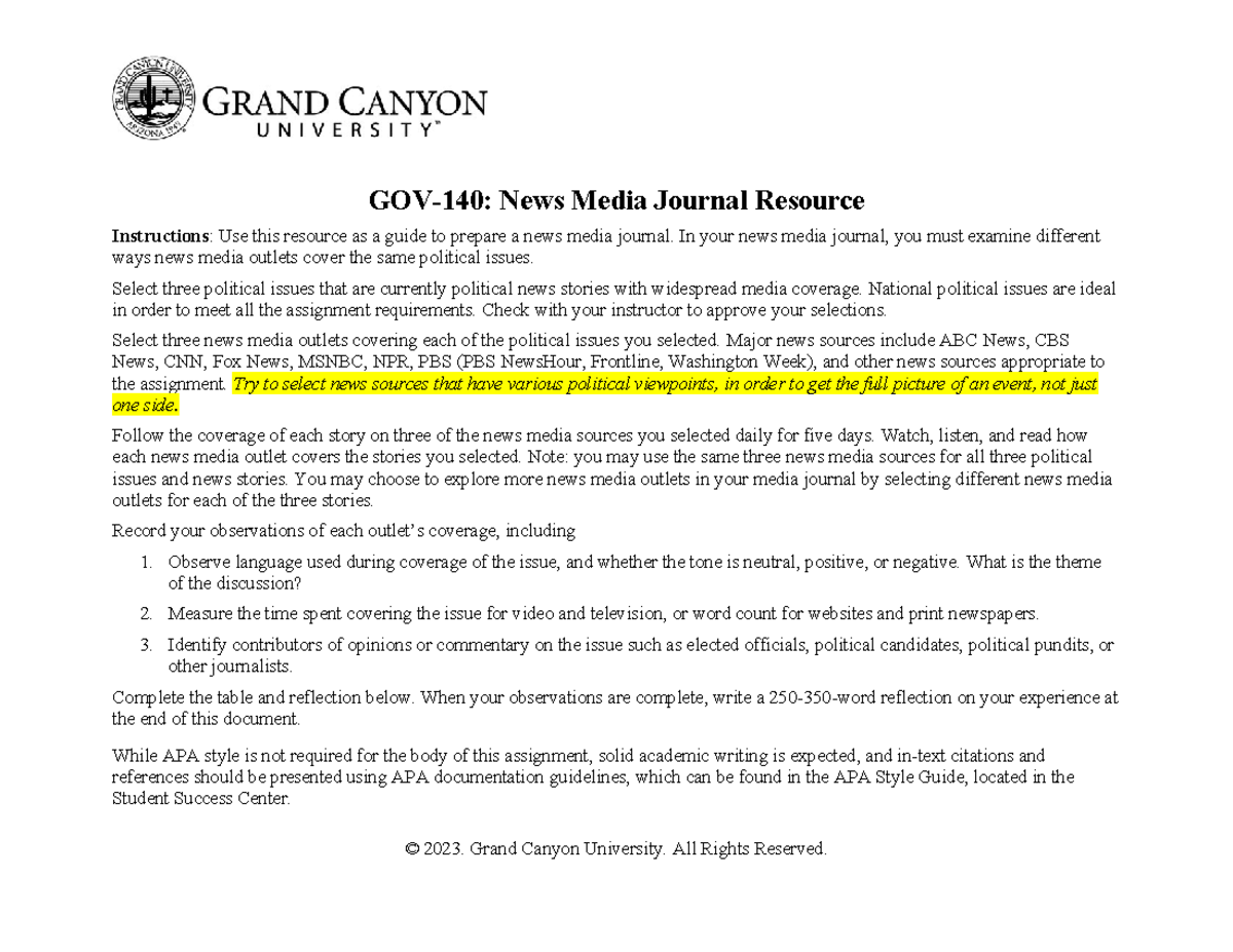 Media News Journal - GOV-140: News Media Journal Resource Instructions ...