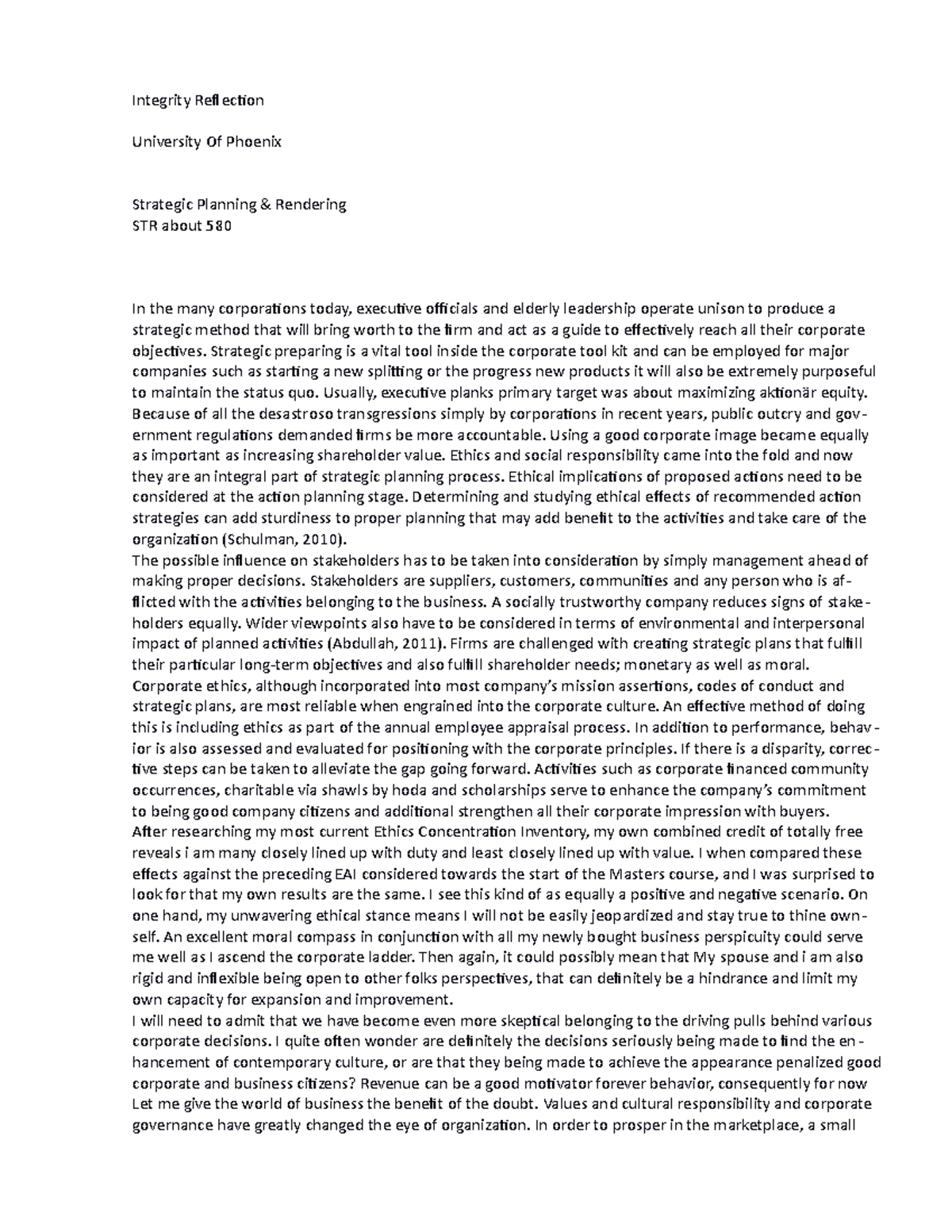 STR 581 Ethics Reflection 1 - Integrity Reflection University Of ...