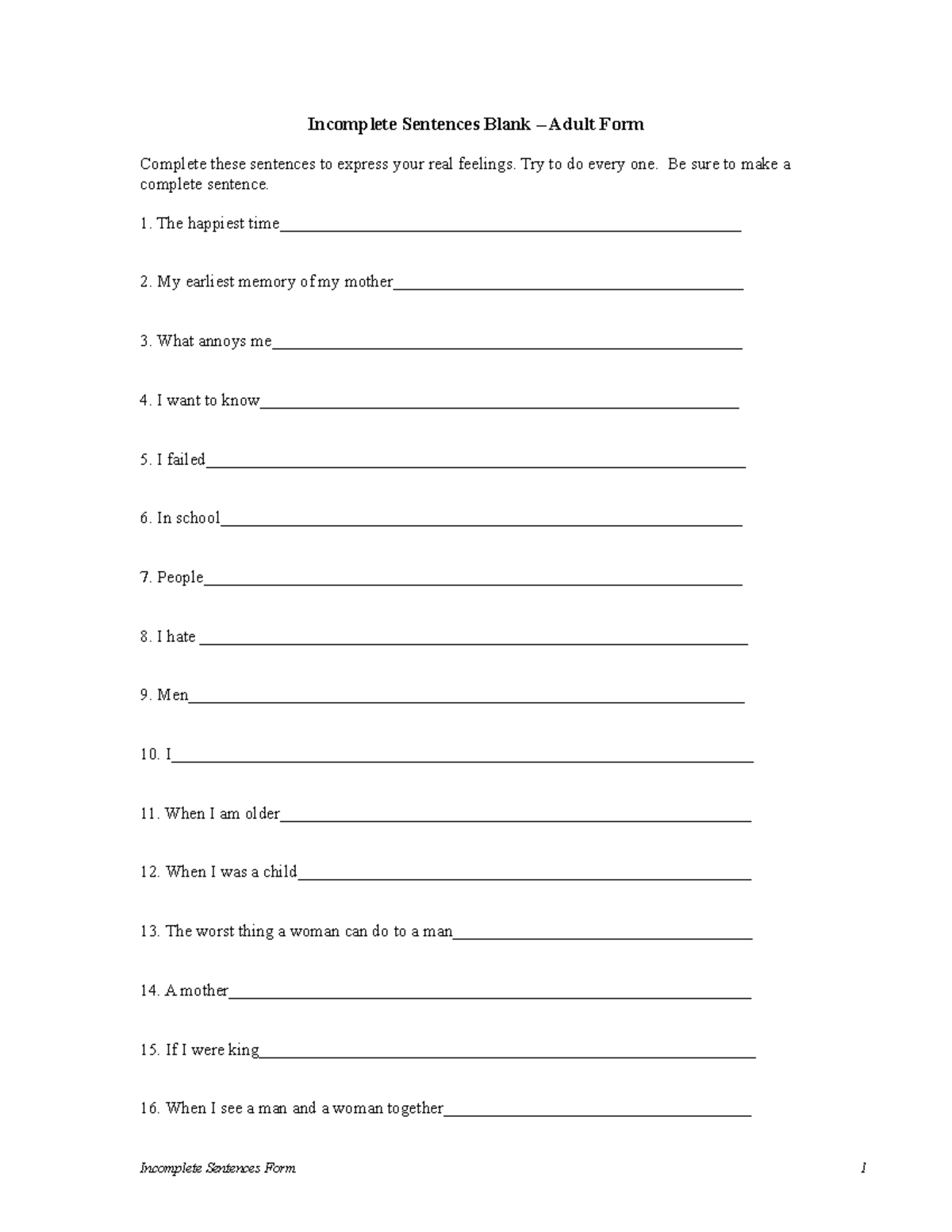 Incomplete sentences blank adult form - Incomplete Sentences Blank ...