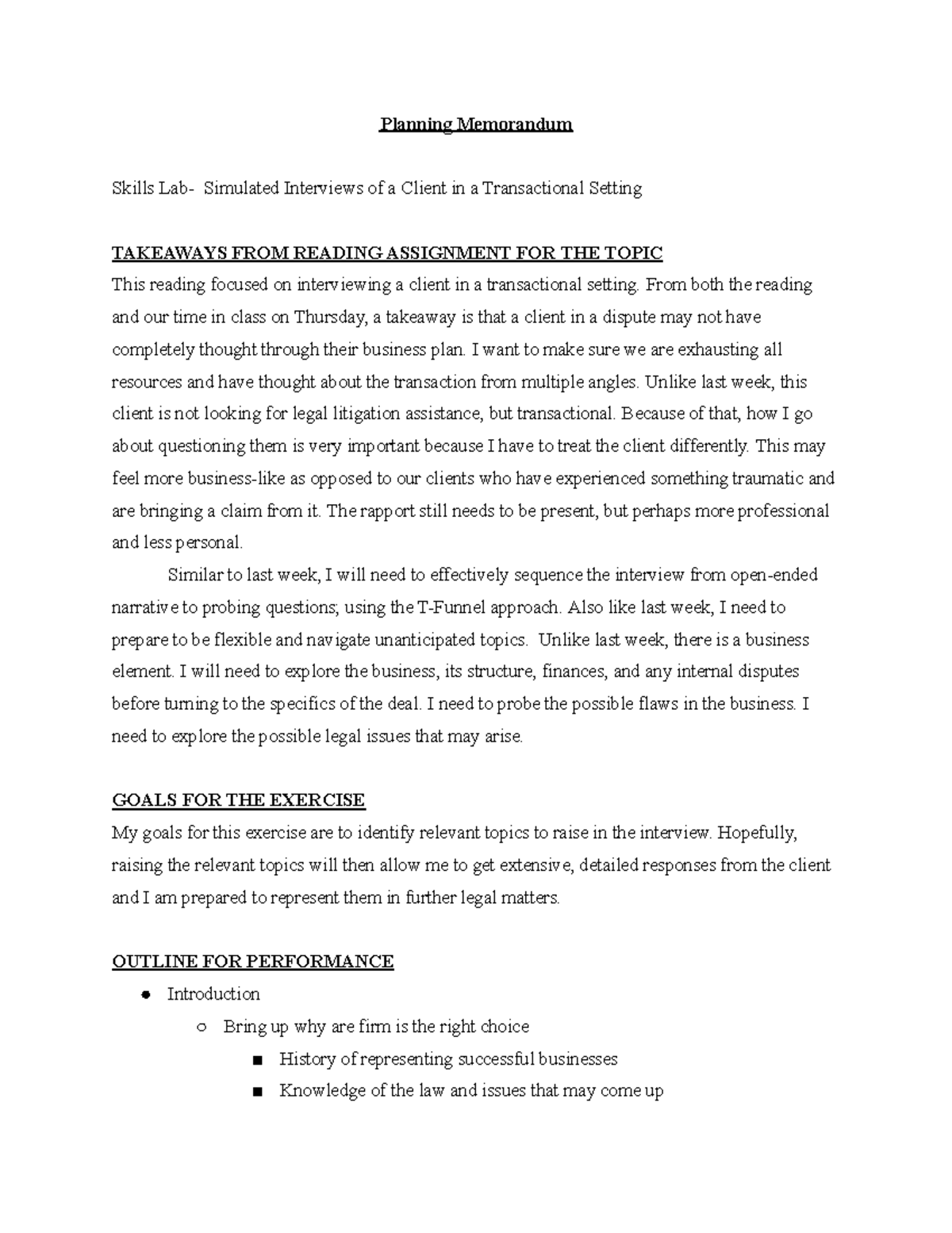 Skills Lab- Simulated Interviews of a Client in a Transactional Setting ...