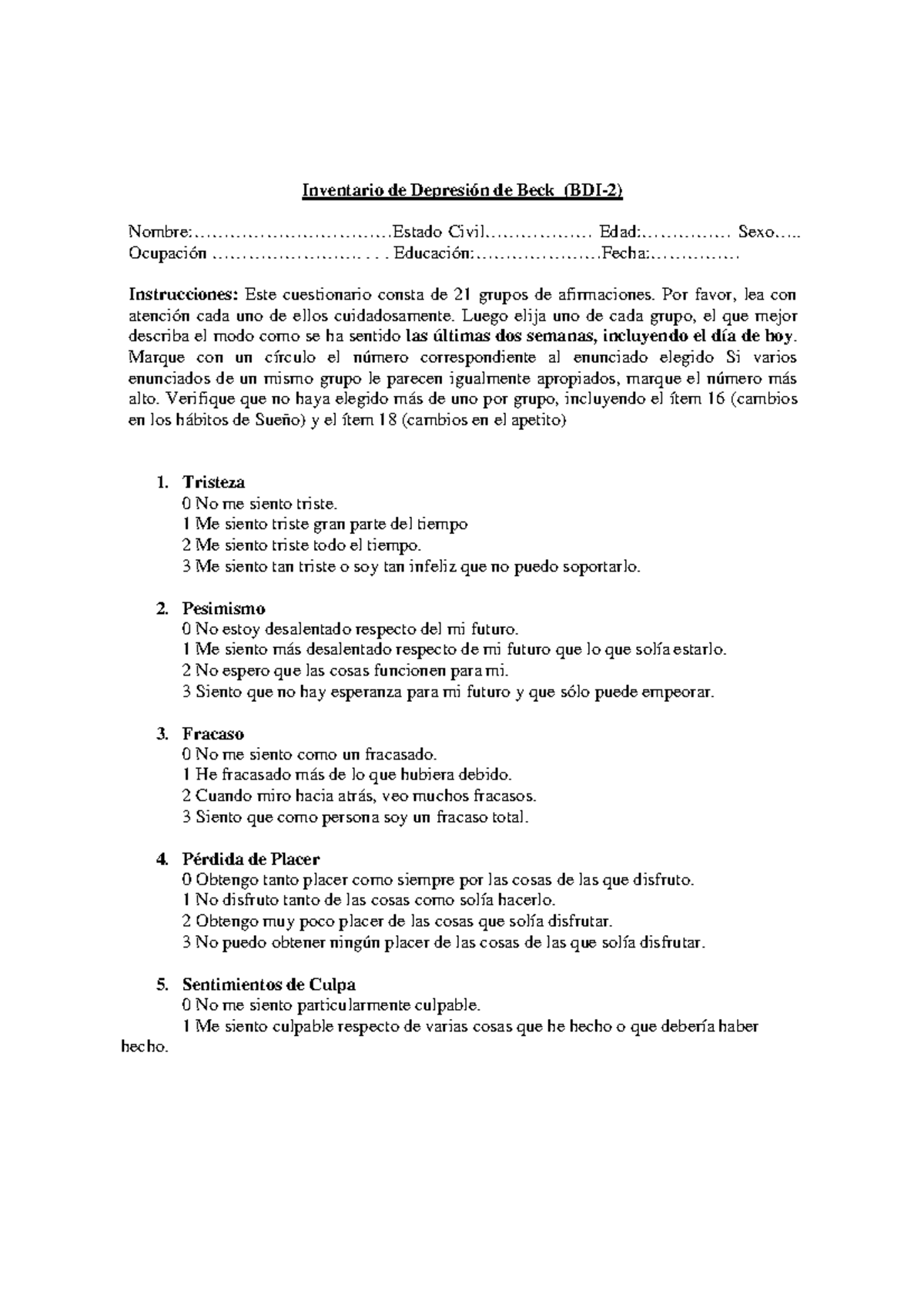BDI II Test Inventario depresión de Beck - Psicología del desarrollo ...