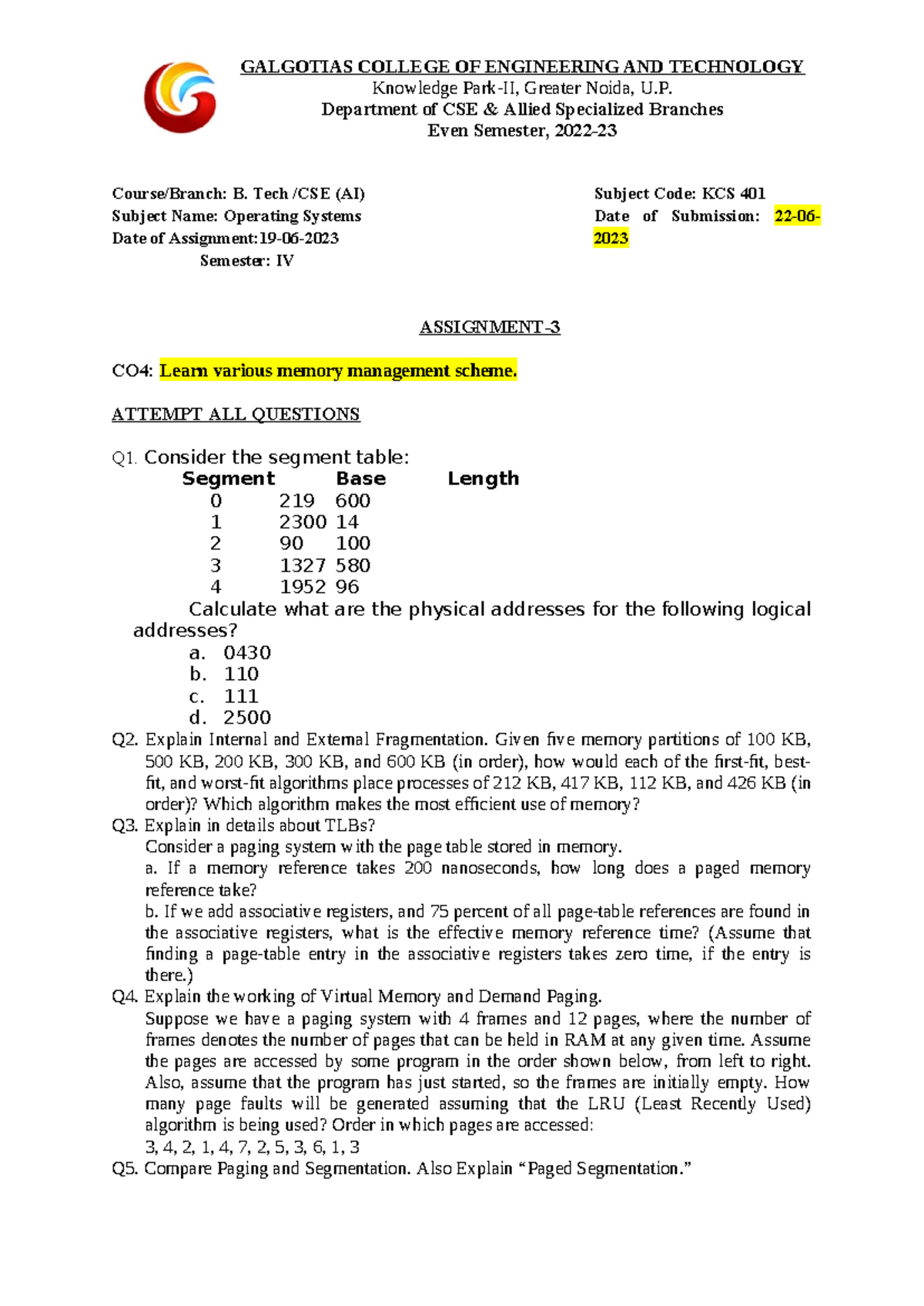 OS Assignment-3 - this is assignment for Operating system unit 4 - GALGOTIAS COLLEGE OF ...