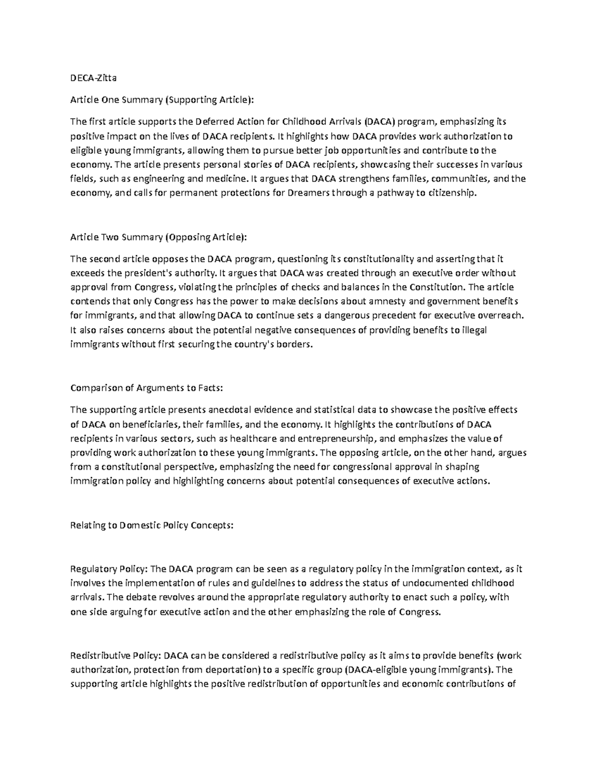 DECA dfsghsfdghfsdg - DECA-Zitta Article One Summary (Supporting ...