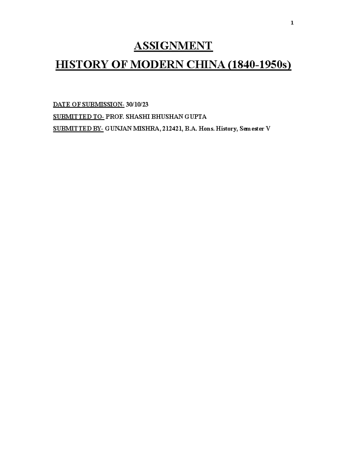 History OF Modern China Assignment-1 - ASSIGNMENT HISTORY OF MODERN ...