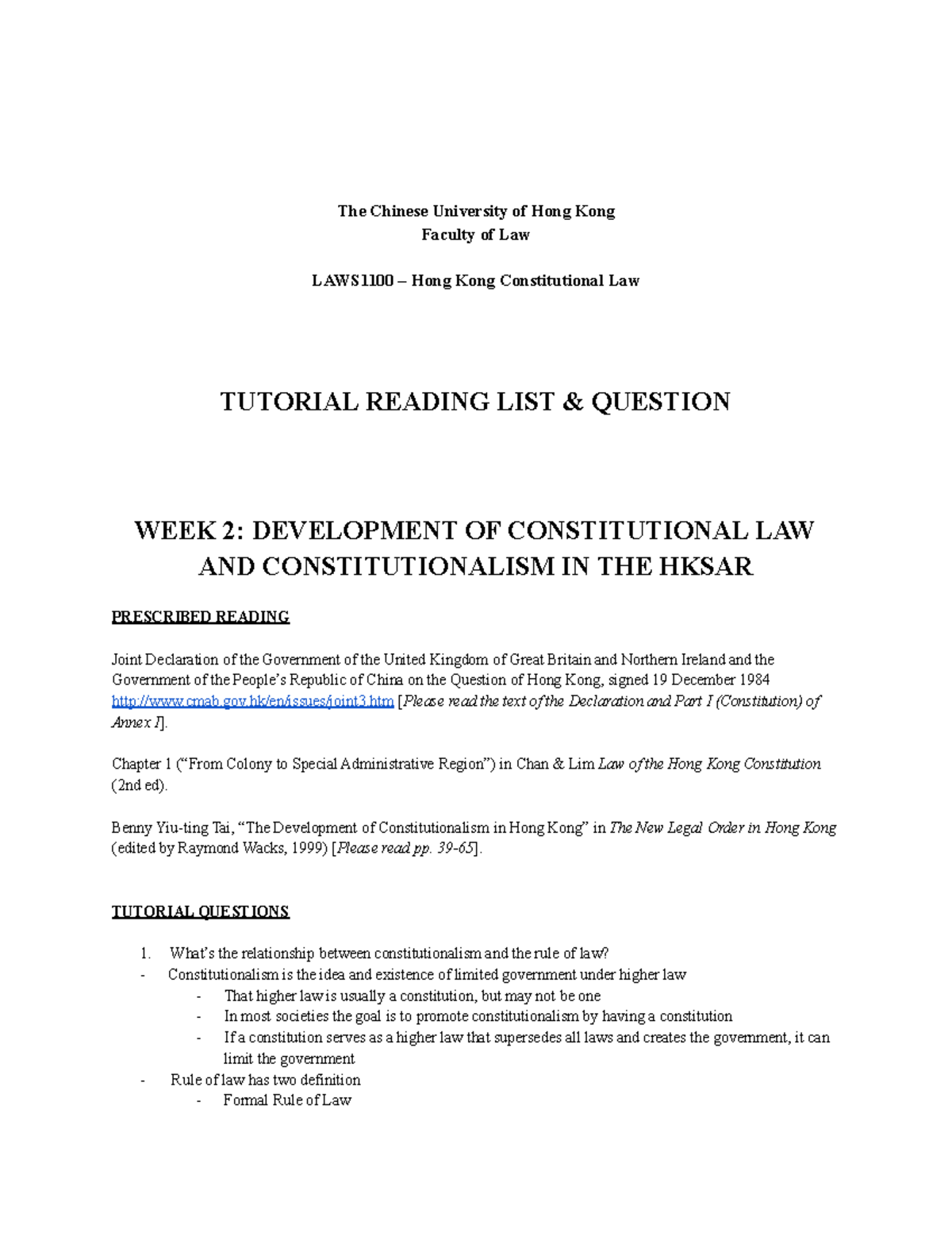Constitutional Law Tutorial Week 2 - The Chinese University of Hong ...
