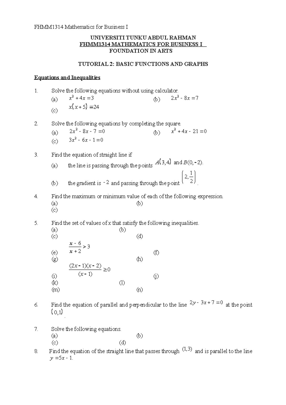 FHMM1314 MB1 Tutorial 2 - UNIVERSITI TUNKU ABDUL RAHMAN FHMM1314 MATHEMATICS FOR BUSINESS I ...