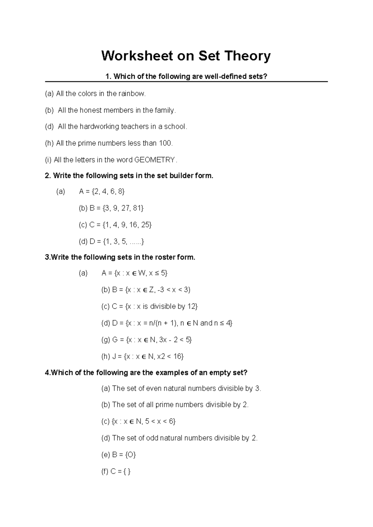 Set theory - Sets - Worksheet on Set Theory 1. Which of the following ...