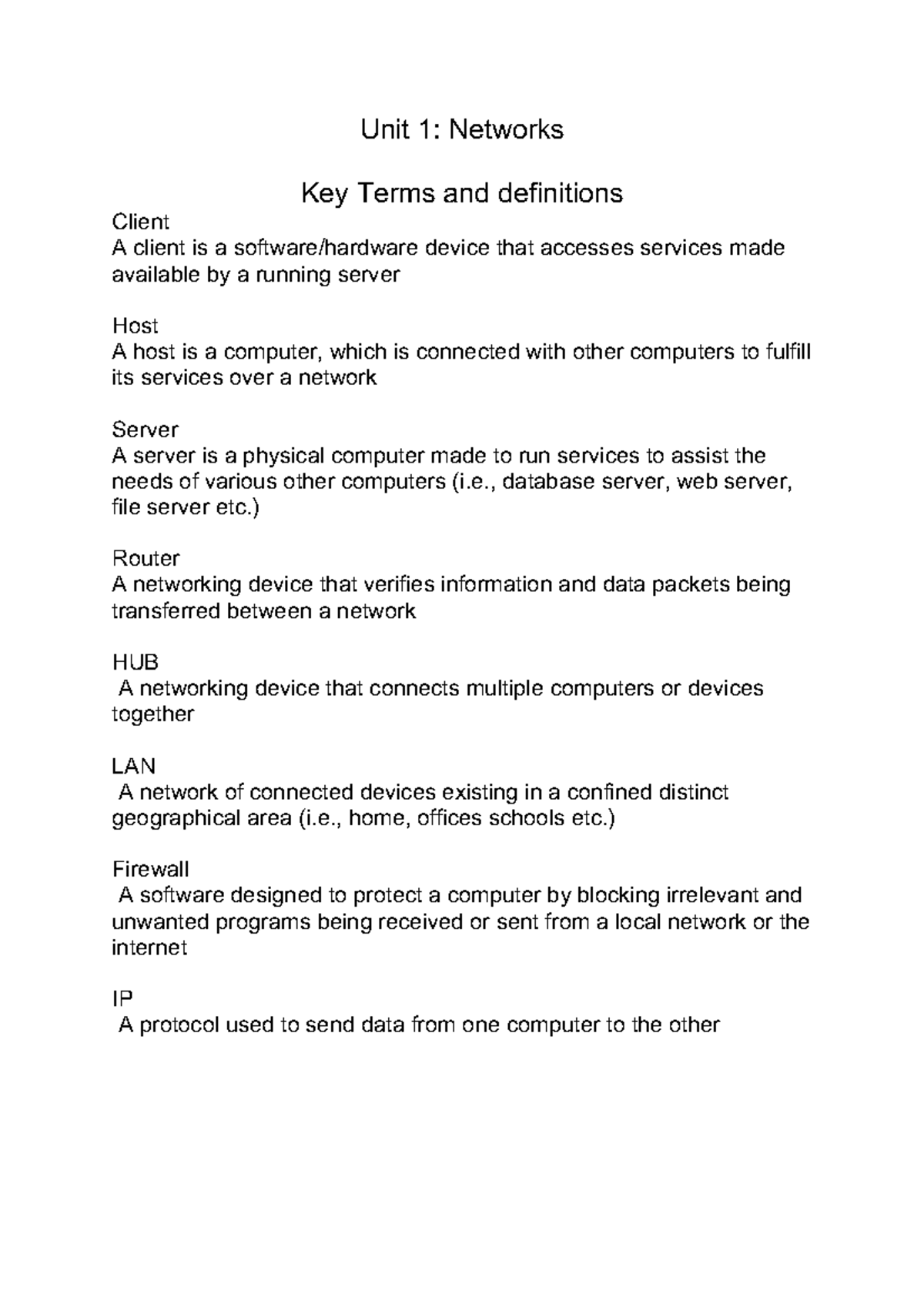 ITGS key terms - detail on lec - Unit 1: Networks Key Terms and ...