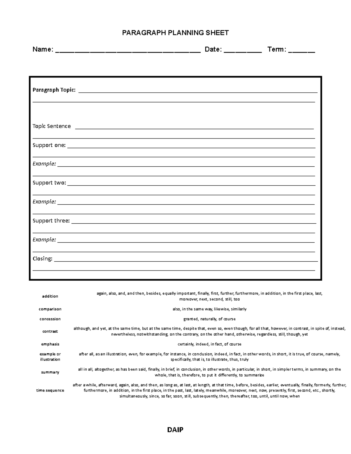 Paragraph Planning Sheet - PARAGRAPH PLANNING SHEET Name