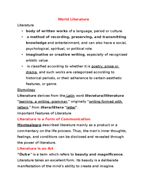 World Literature Lesson I - WORLD LITERATURE LESSON I Literature body ...