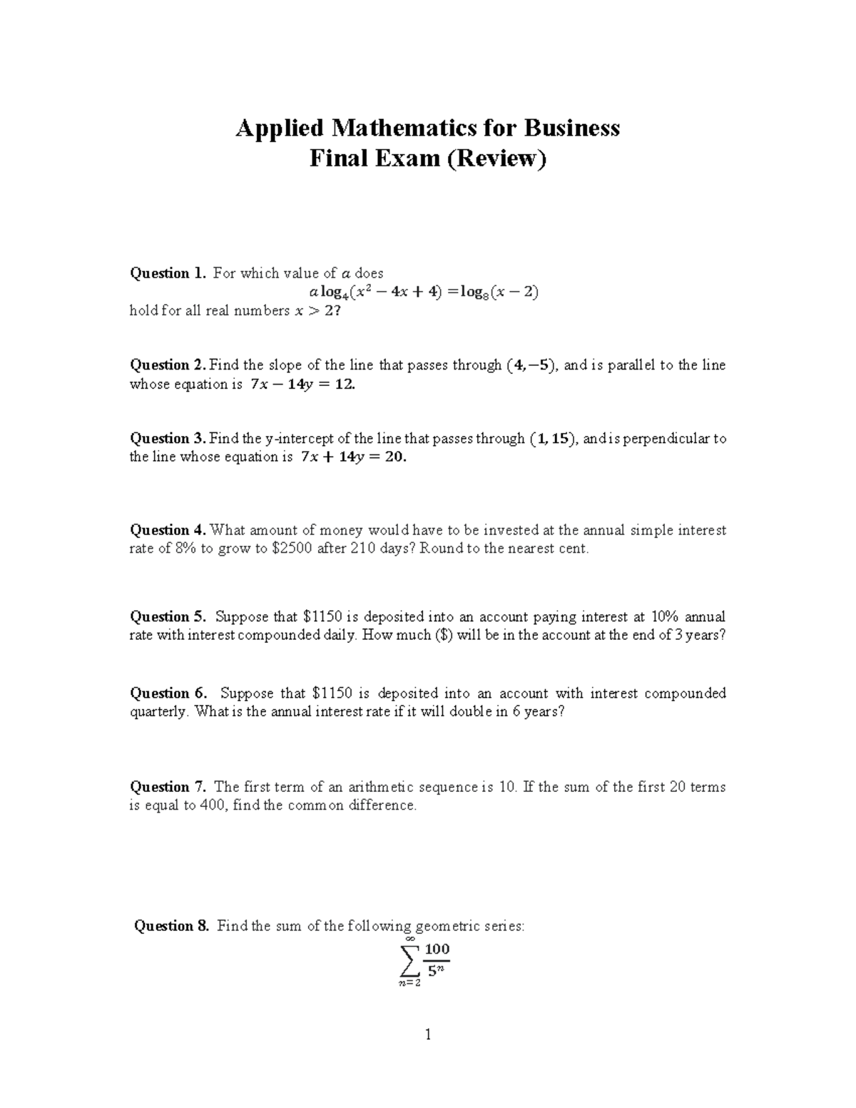Final Exam Review - Applied Mathematics for Business Final Exam (Review ...