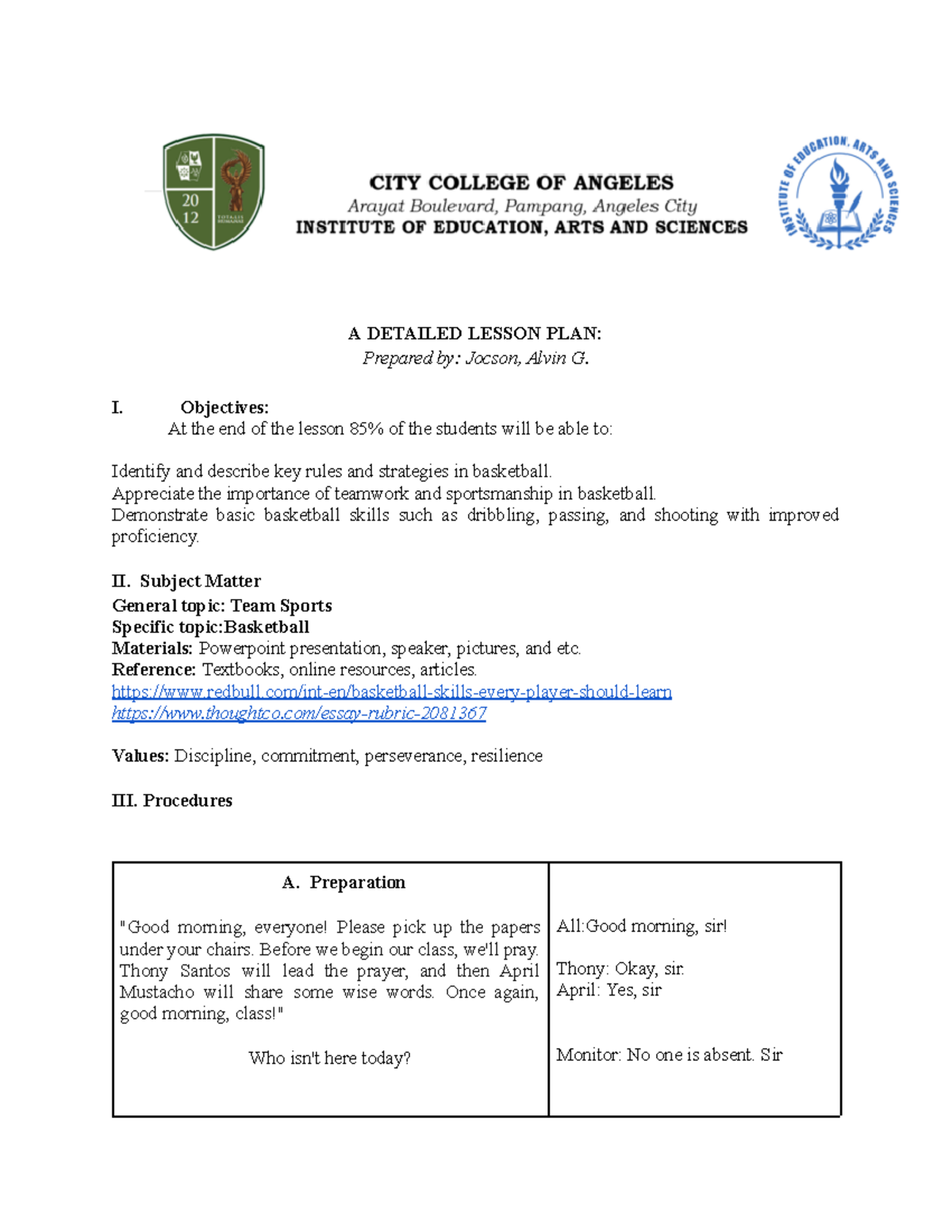 Basketball Detailed Lesson PLAN - A DETAILED LESSON PLAN: Prepared by ...