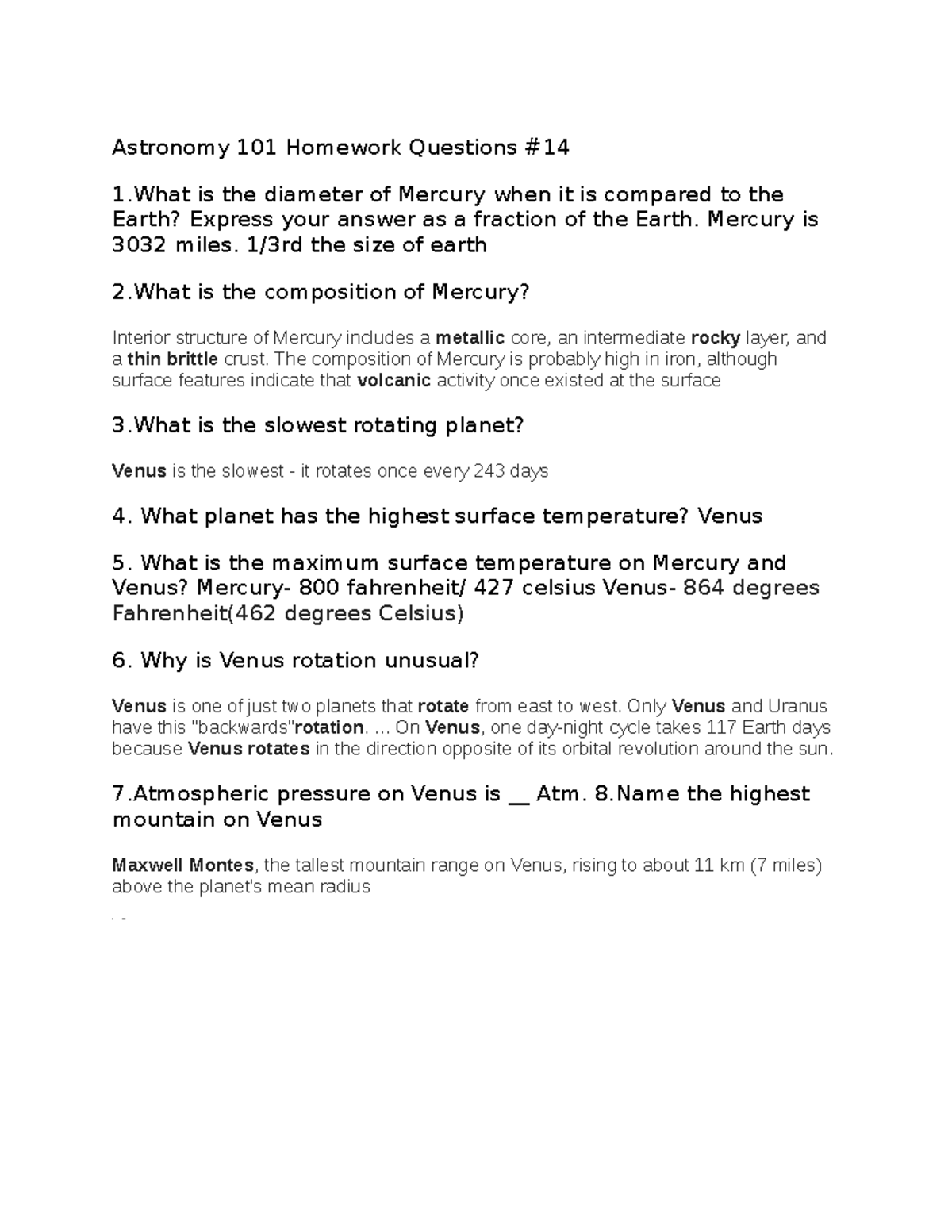 Astronomy 101 Homework Questions - Astronomy 101 Homework Questions 1 ...