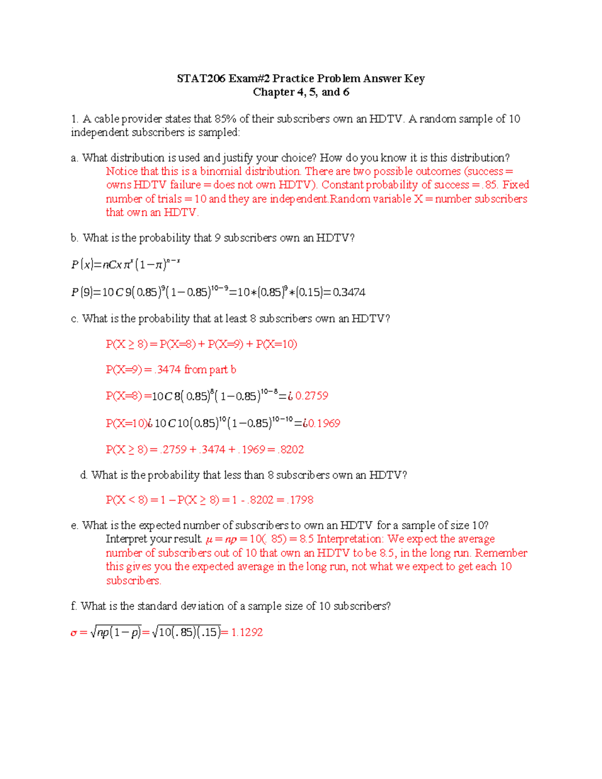 STAT206 Exam#2 Review Solutions - STAT206 Exam#2 Practice Problem Answer Key Chapter 4, 5, and 6 ...