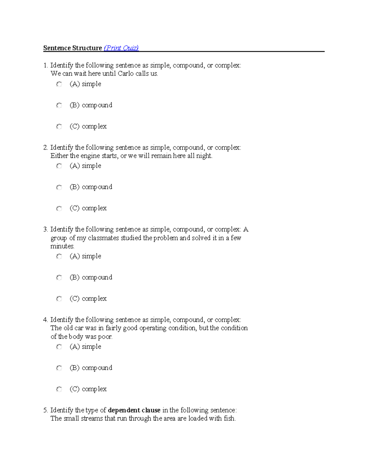 SIM References - Sentence Structure (Print Quiz) Identify the following ...