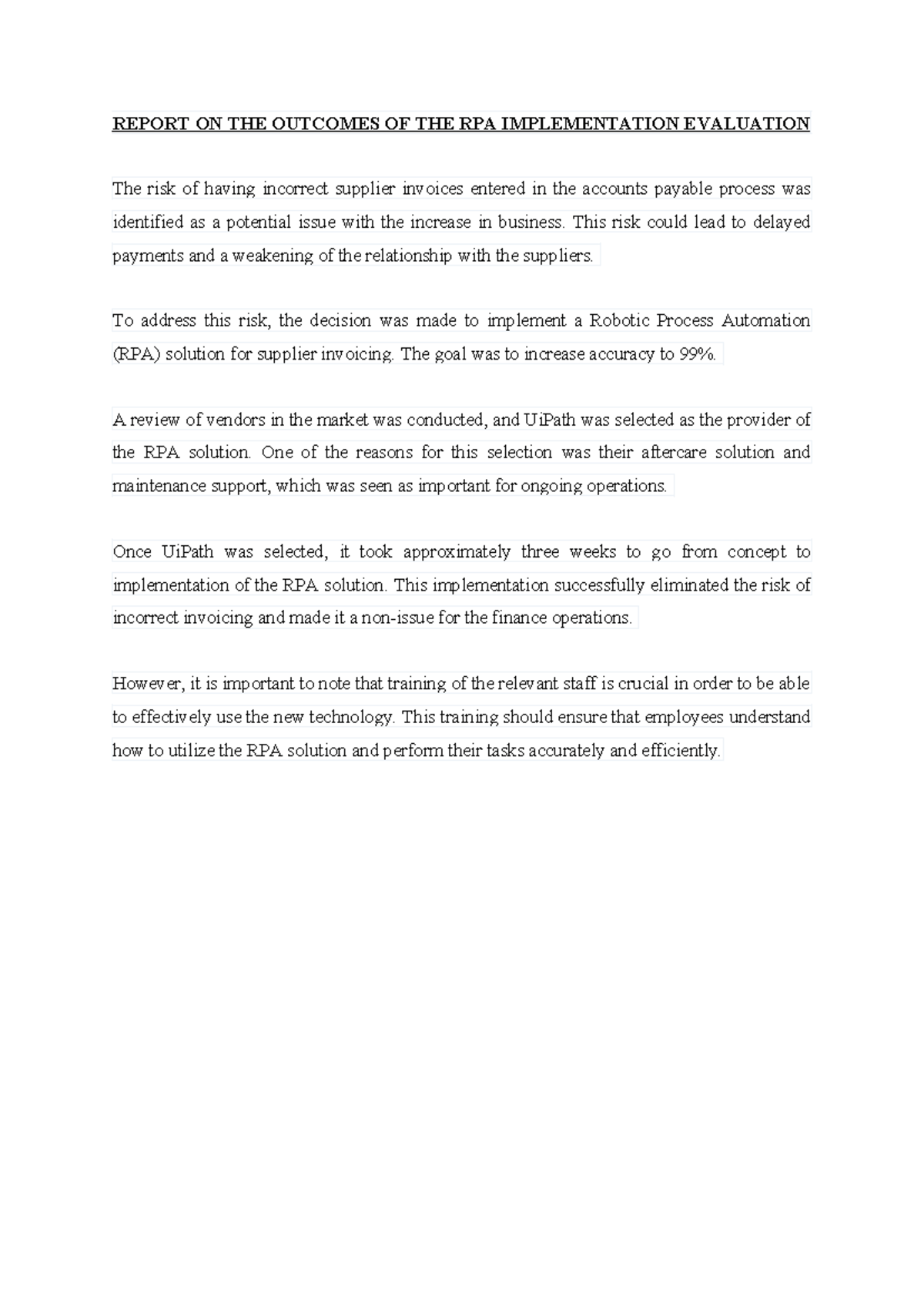 Bsbops 504 Outcome Report - REPORT ON THE OUTCOMES OF THE RPA ...