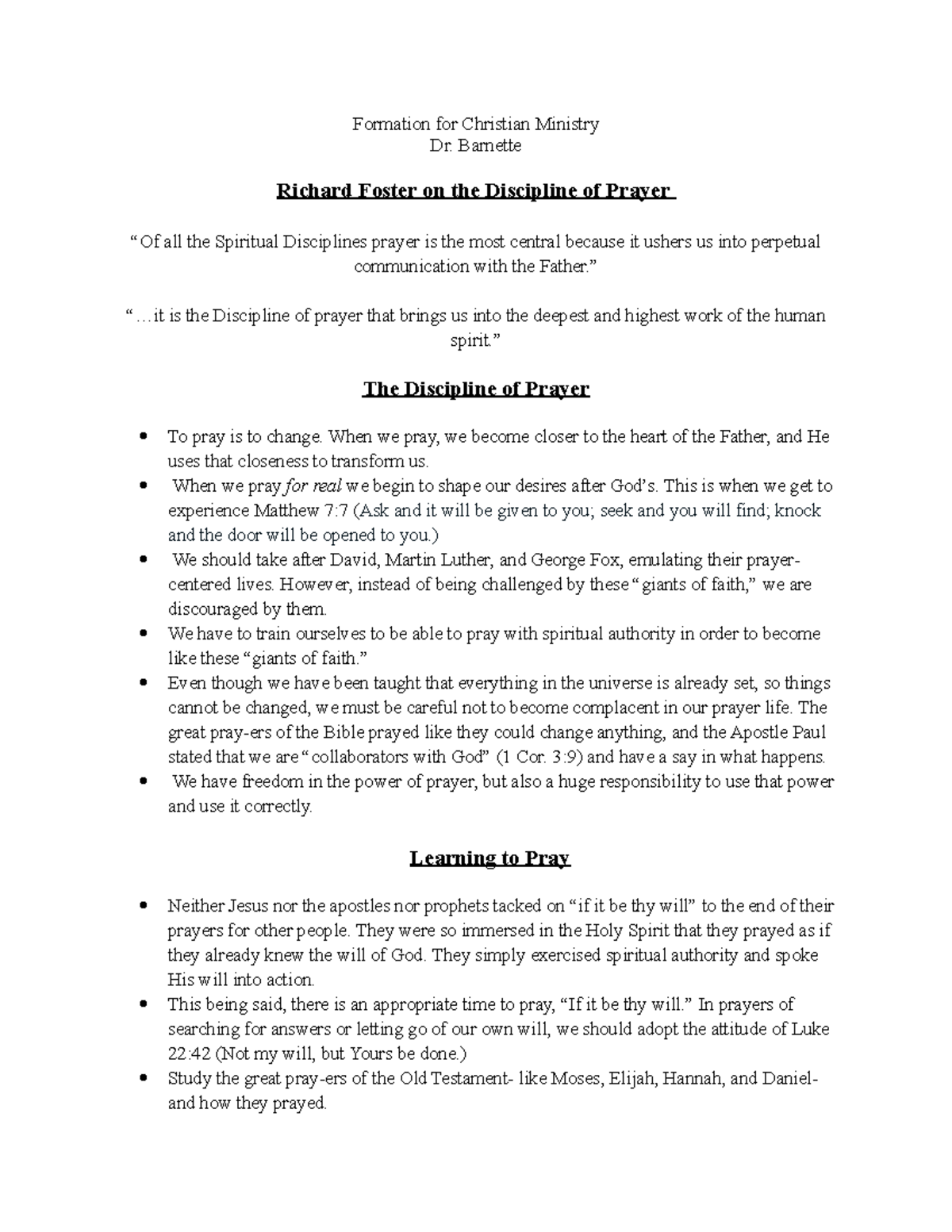 Discipline of Prayer Outline Final - Formation for Christian Ministry ...