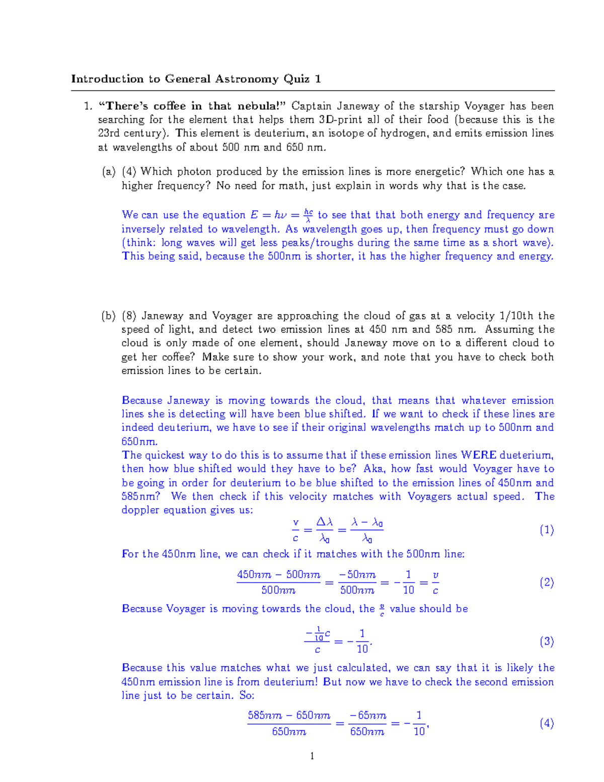 Quiz 1 Key - Quiz 1 Answer Key - Introduction to General Astronomy Quiz ...