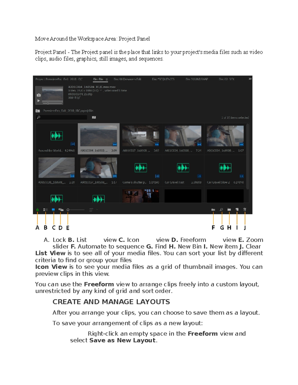 Project Panel - A. Lock B. List view C. Icon view D. Freeform view E ...