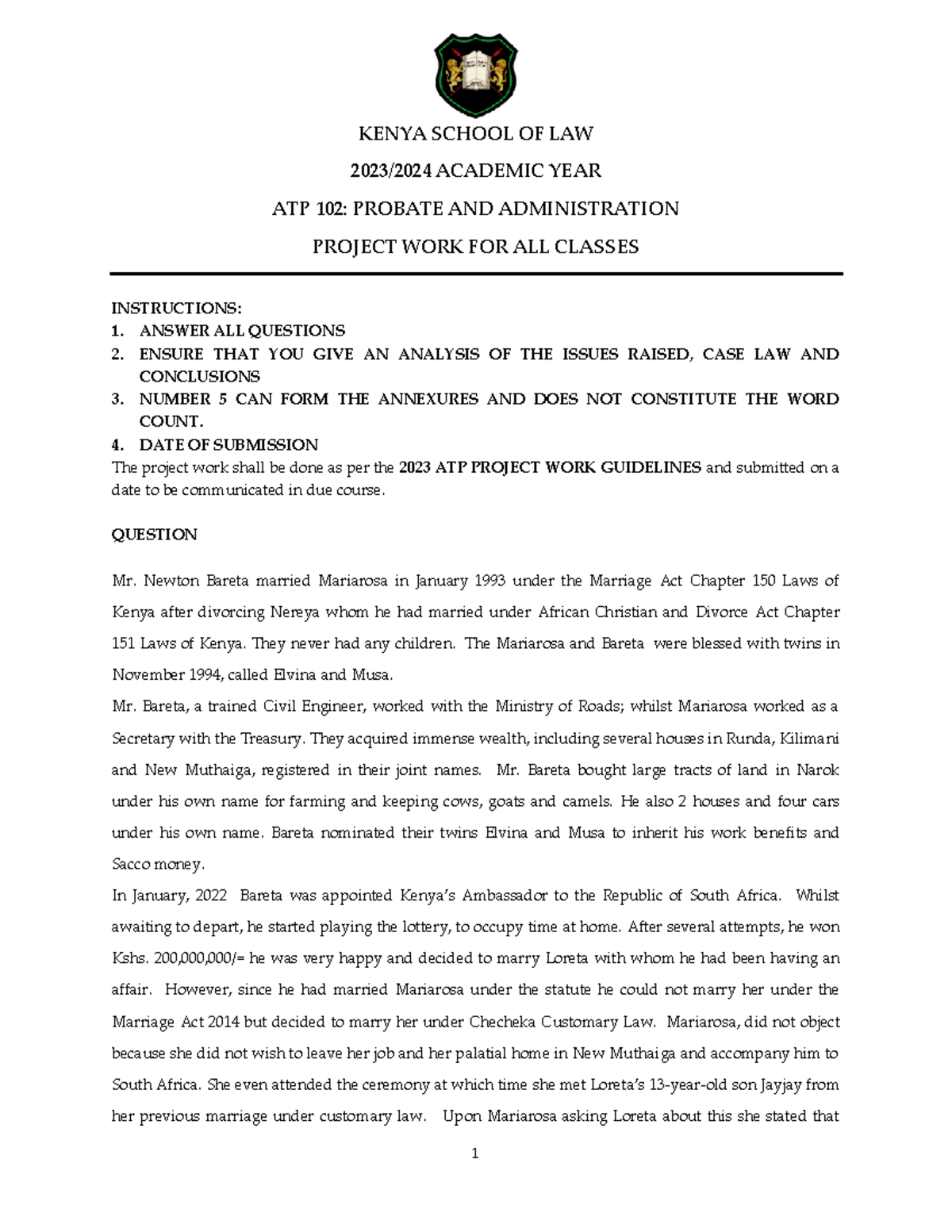 ATP 102 Probate and administration project work 2023-2024 FOR ALL Classes - 1 KENYA SCHOOL OF ...