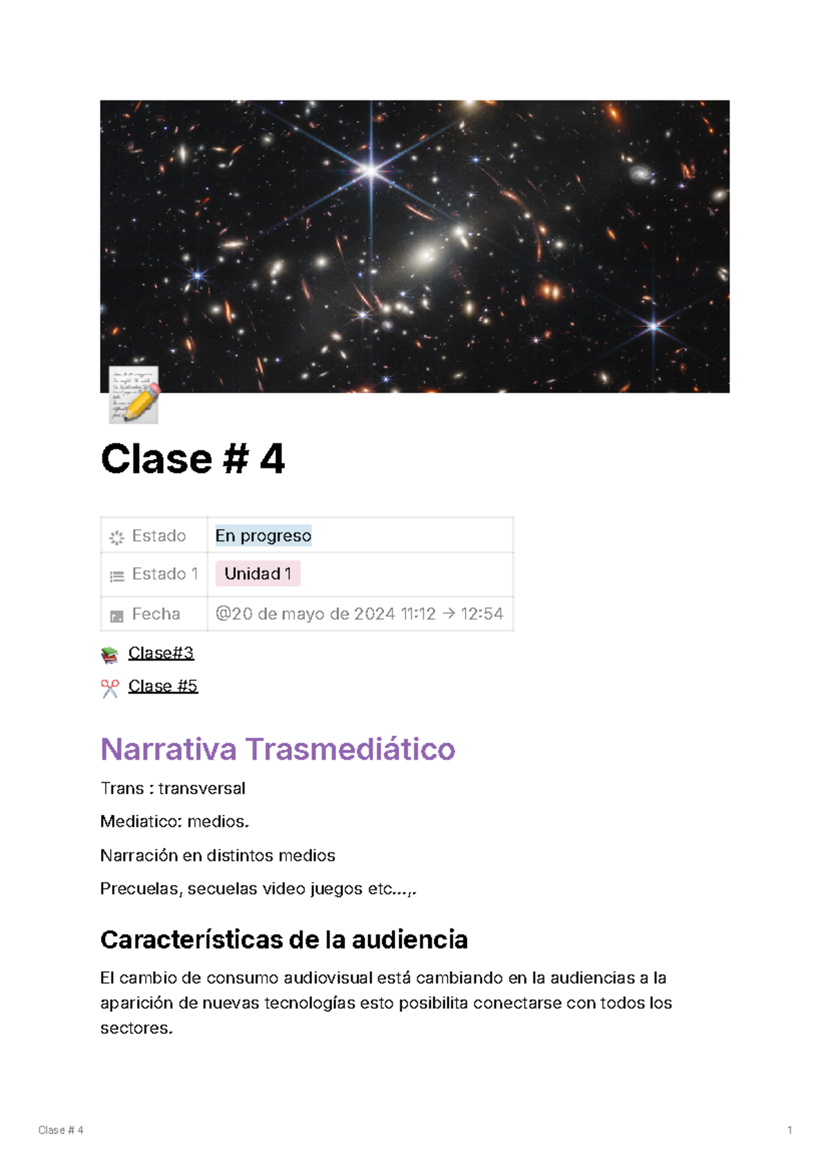 Clase 4 - Leer - 📝 Clase # 4 Estado En progreso Estado 1 Unidad 1 Fecha 📚 Clase# Clase ...