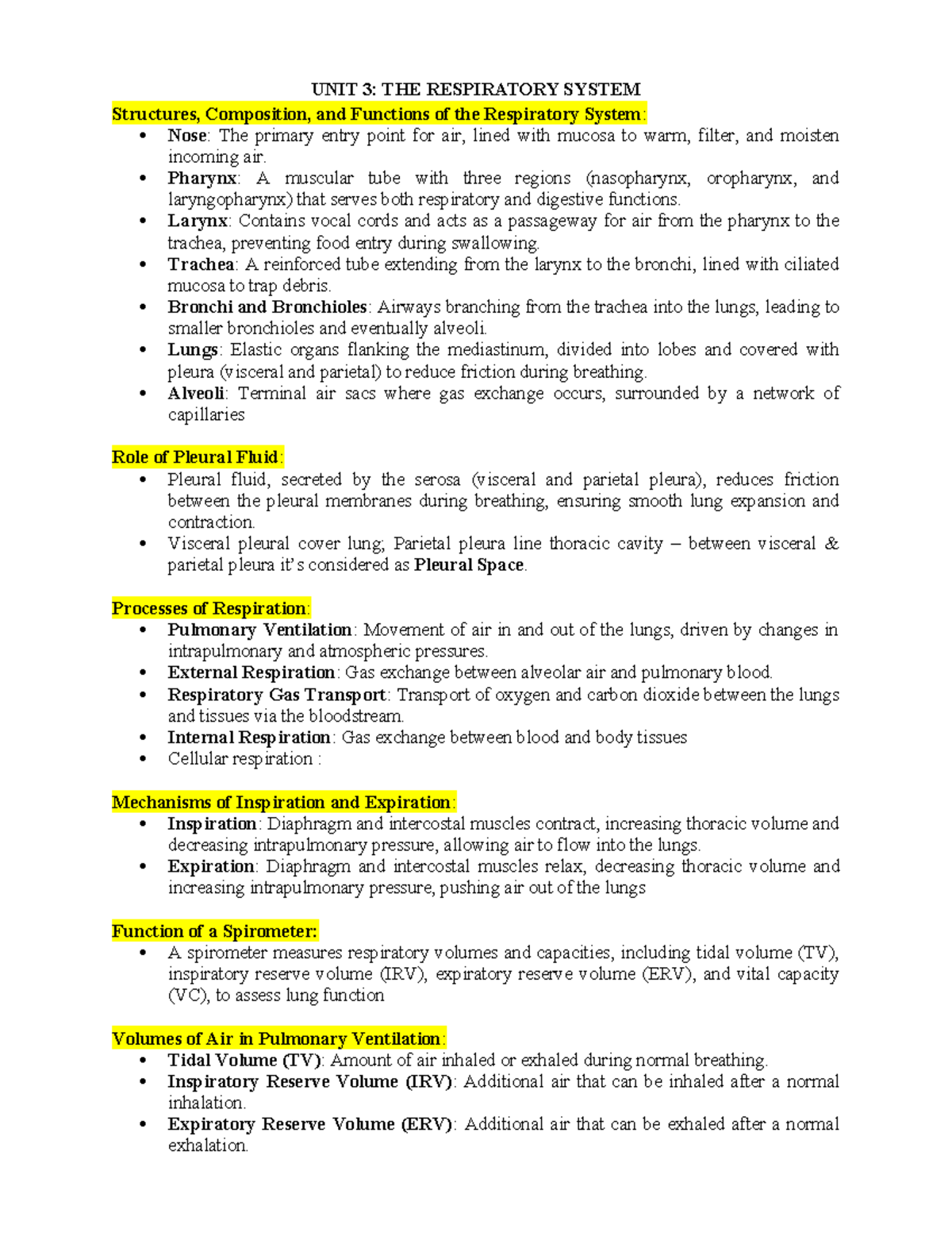 Week 5 - UNIT 3 Respiratory System Weekly Objectives - UNIT 3: THE ...