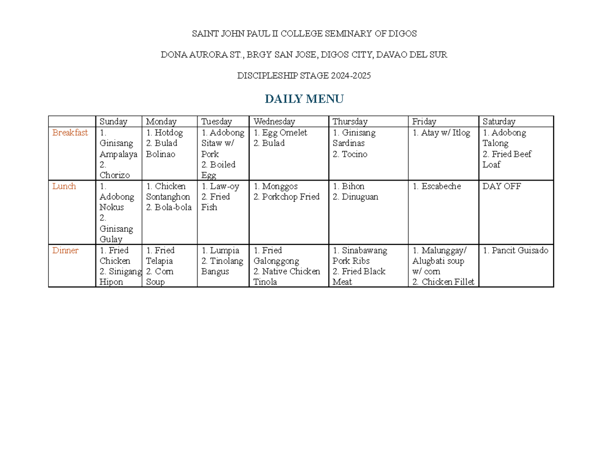 MEAL PLAN1 - For academic purposes - SAINT JOHN PAUL II COLLEGE ...