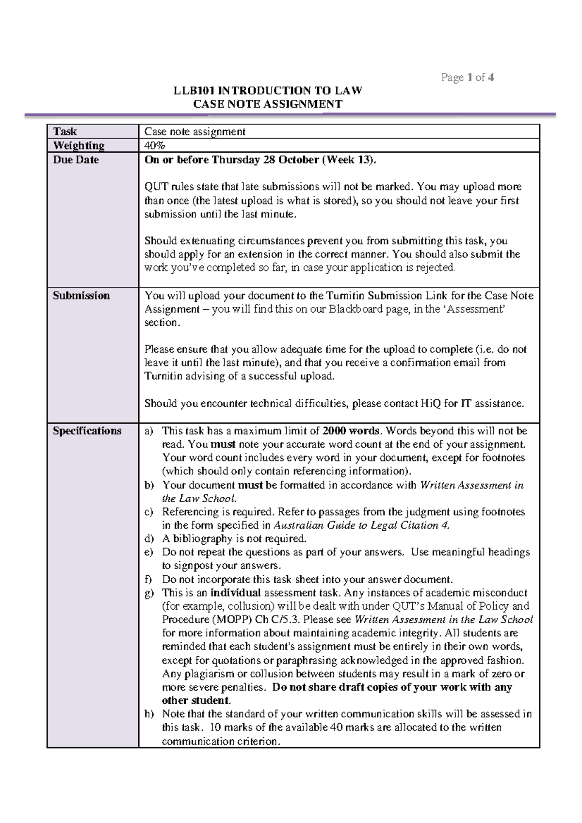 Task Sheet Case Note Assignment Final Page 1 Of 4 Llb101 4901
