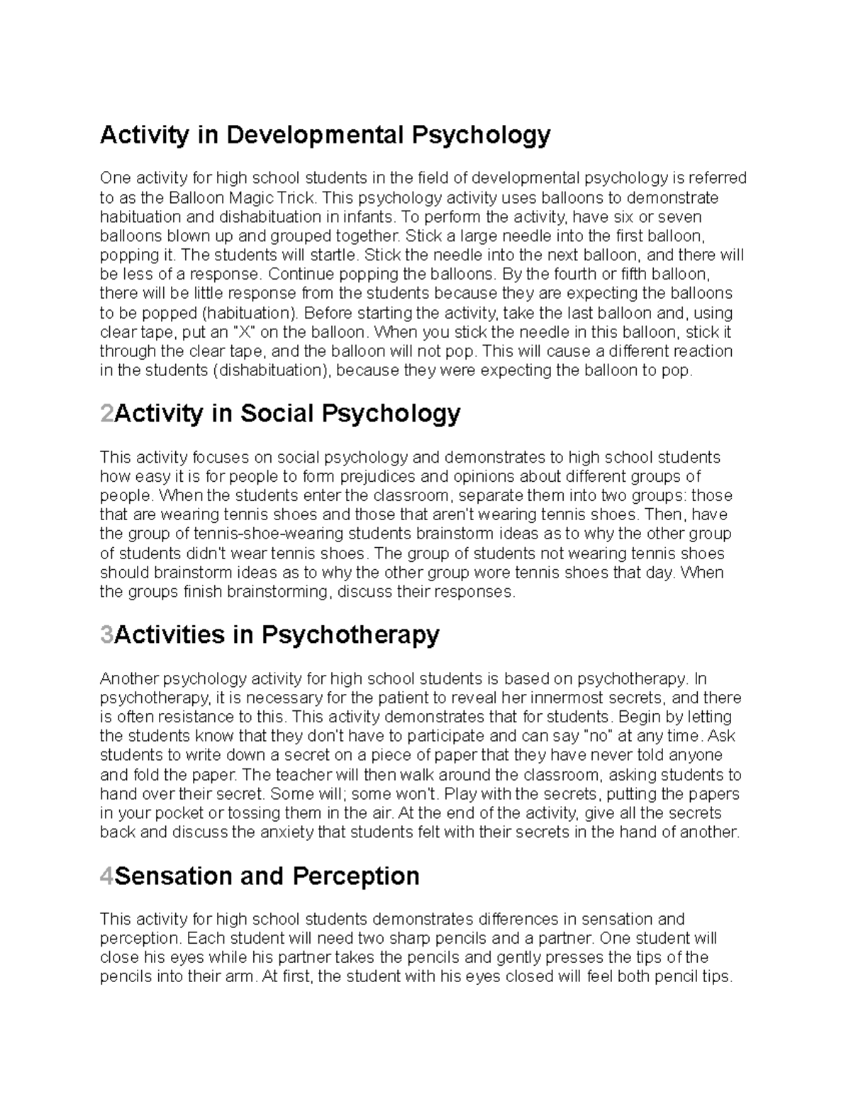 Activity - psychology activities - Activity in Developmental Psychology ...