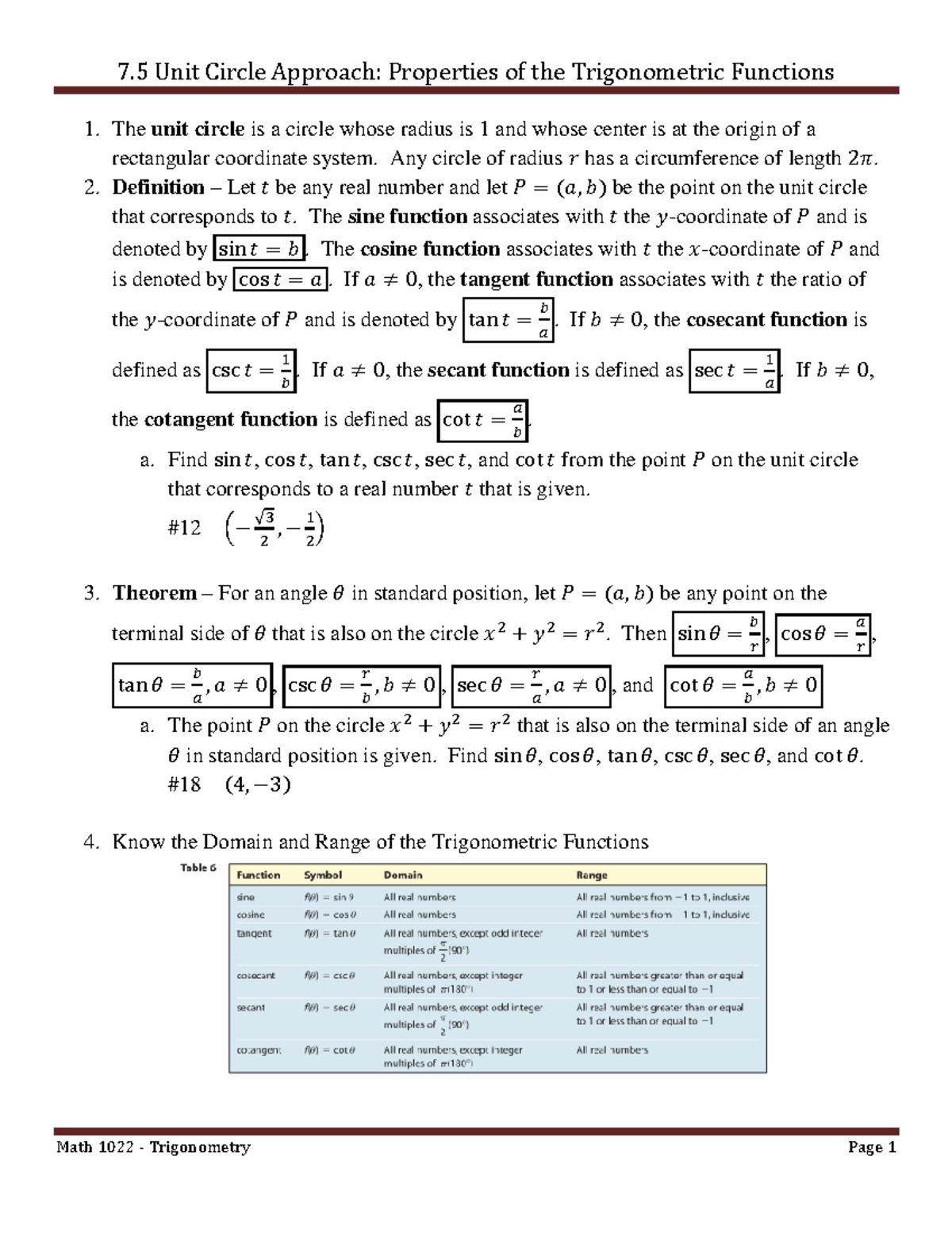 7 5 Unit Circle Approach Trig Functions 190106 - MATH 1022 - LSU of ...