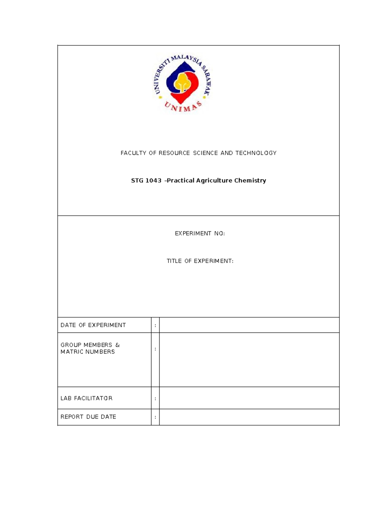 Lab report Front Page - Resource Chemistry - FACULTY OF RESOURCE ...