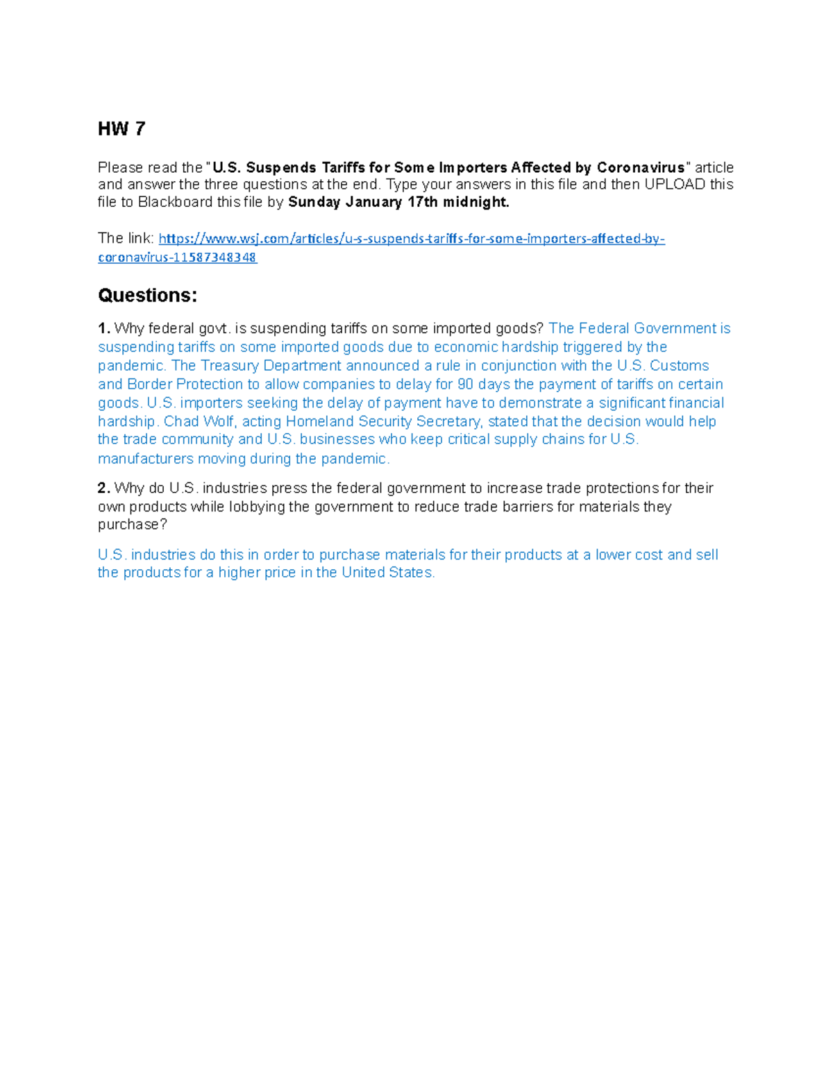 Hw7 Homework 7 Hw 7 Please Read The “u Suspends Tariffs For Some Importers Affected By