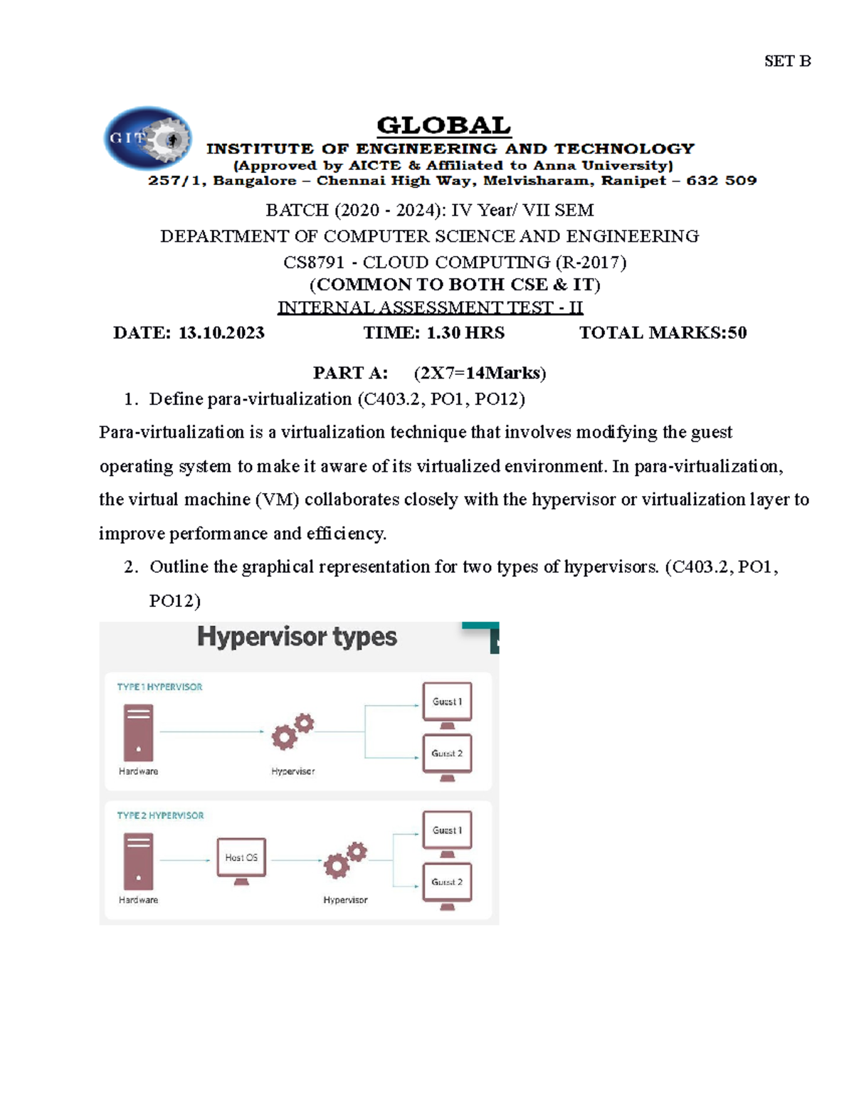 Iat 2cloud computing set B cse,IT - KEY - BATCH (2020 - 2024): IV Year/ VII SEM DEPARTMENT OF ...