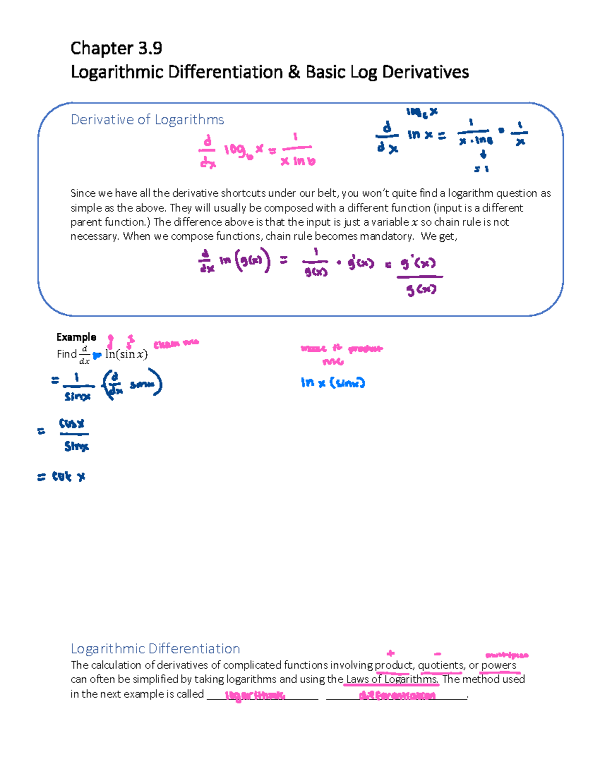 3 - Notes for 3.9 Logarithmic Differentiation - Chapter 3. 9 ...
