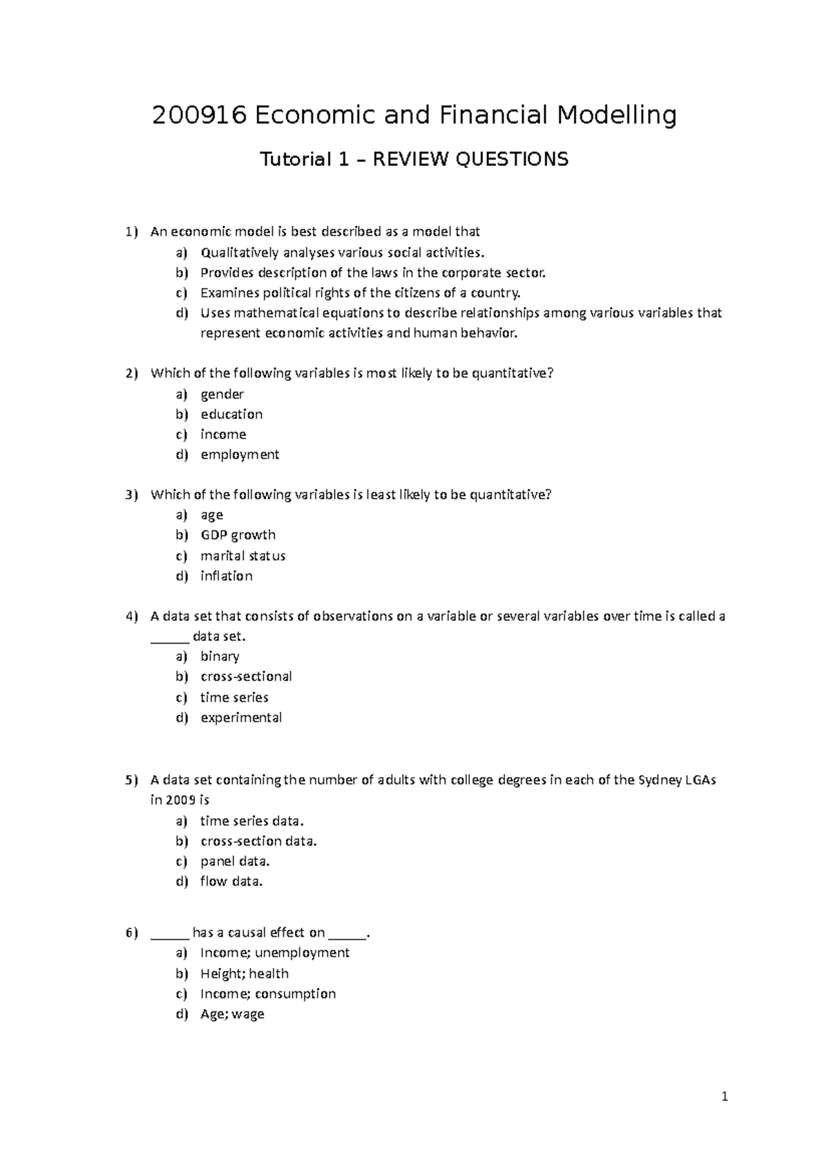 Review Questions - Week 1 - 200916 Economic and Financial Modelling ...