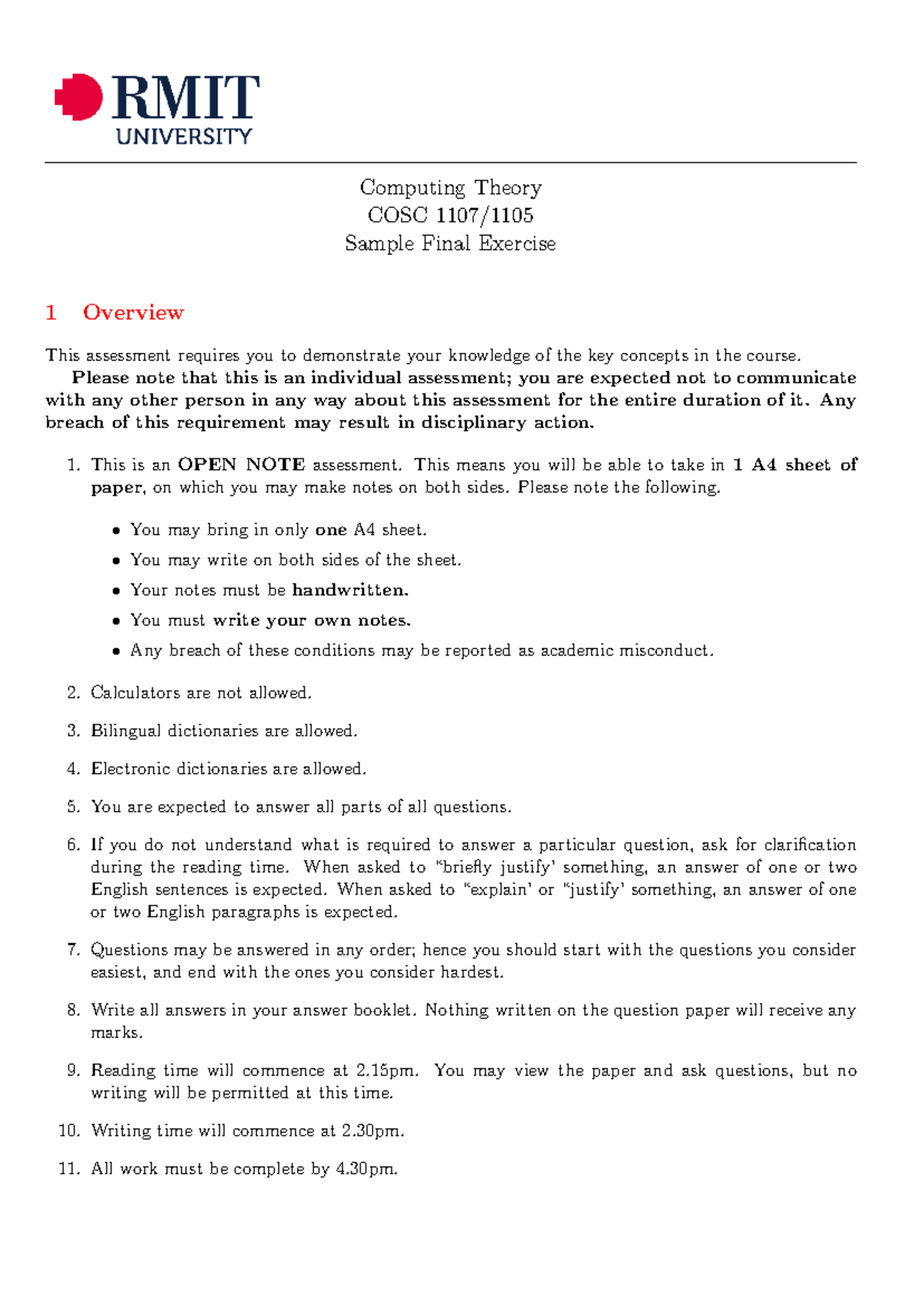 COSC1107 Sample Final Assessment 2023 - Computing Theory COSC 1107/ Sample Final Exercise 1 ...
