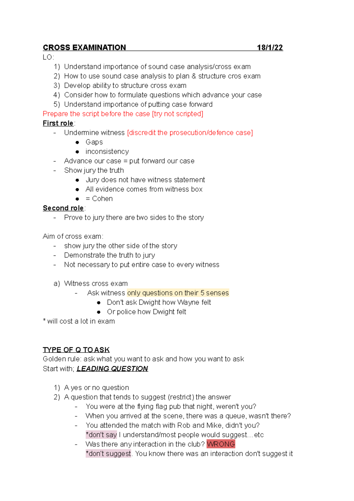 Oral Skills W3 - Cross EXAM - CROSS EXAMINATION 18/1/ LO: Understand ...