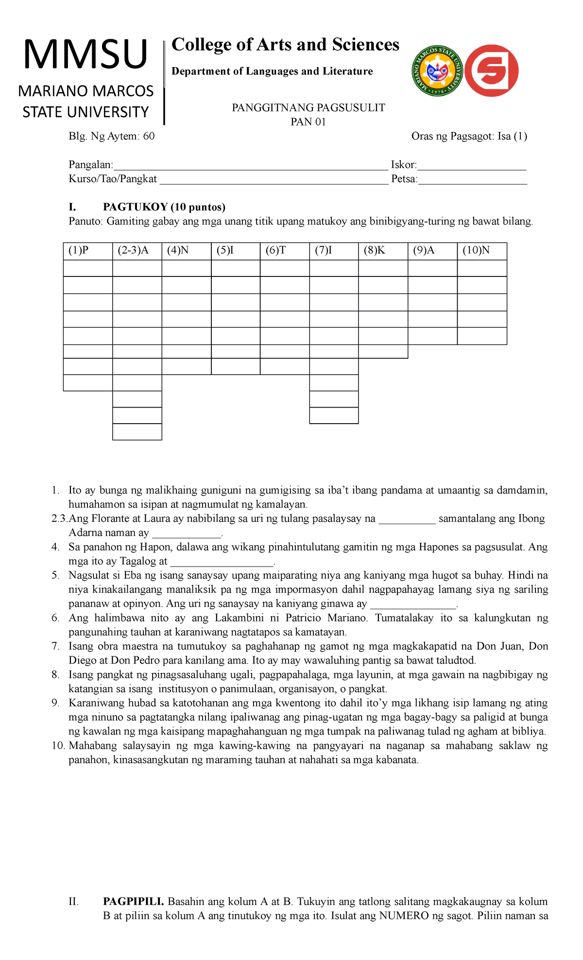 Panggitnang Pagsusulit-Pan 01 - PANGGITNANG PAGSUSULIT PAN 01 Blg. Ng ...