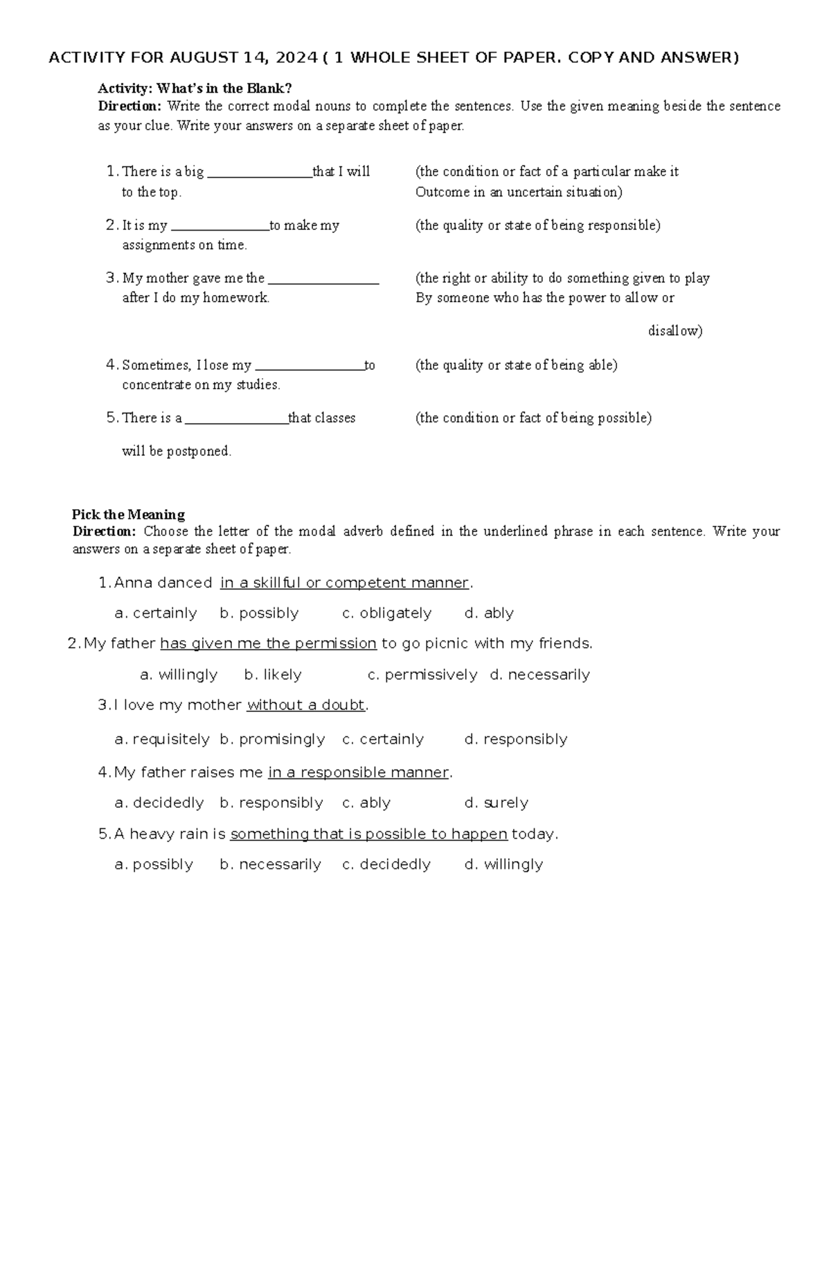 Activity FOR August 14 - ACTIVITY FOR AUGUST 14, 2024 ( 1 WHOLE SHEET ...