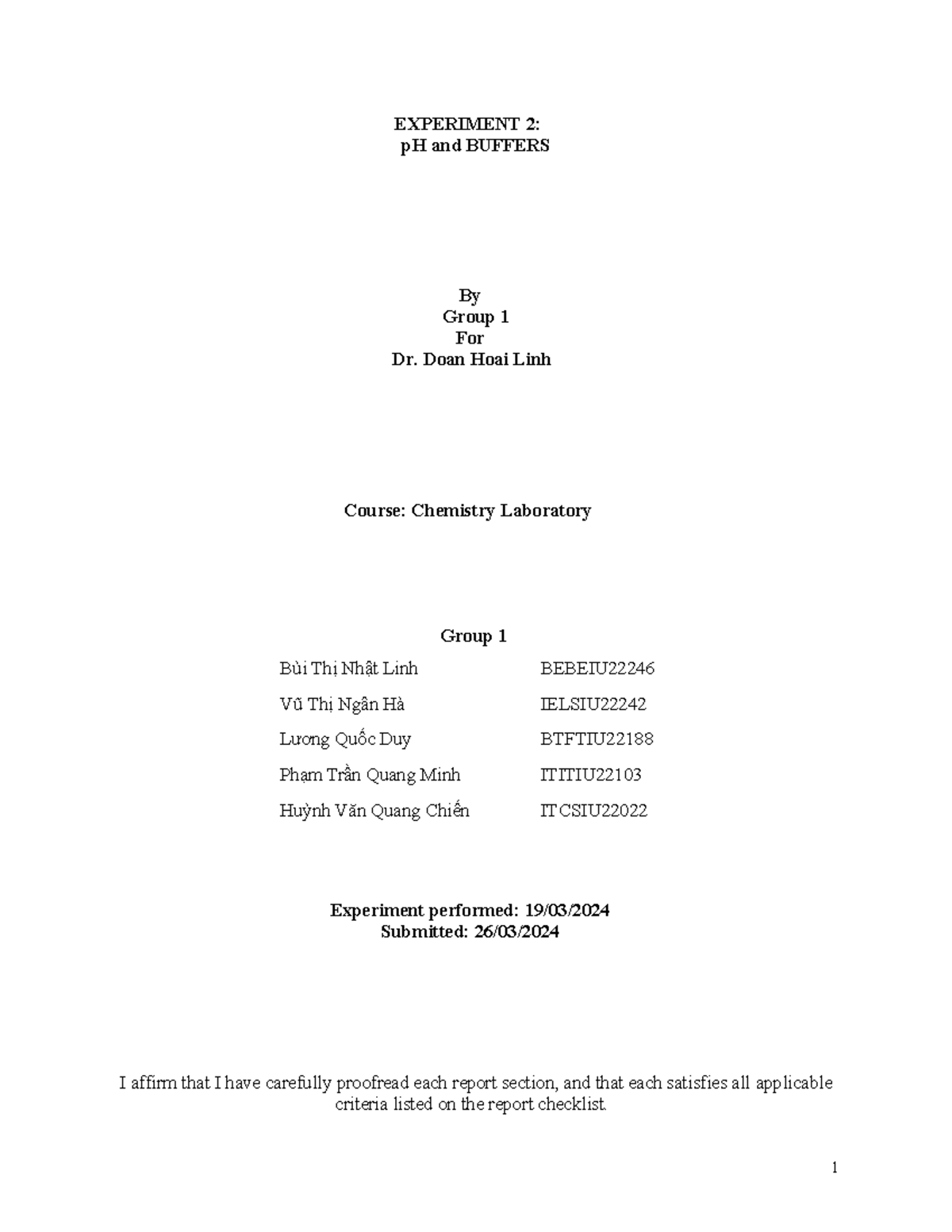 CHEM LAB 2 - report of experiment 2 - EXPERIMENT 2 : pH and BUFFERS By ...