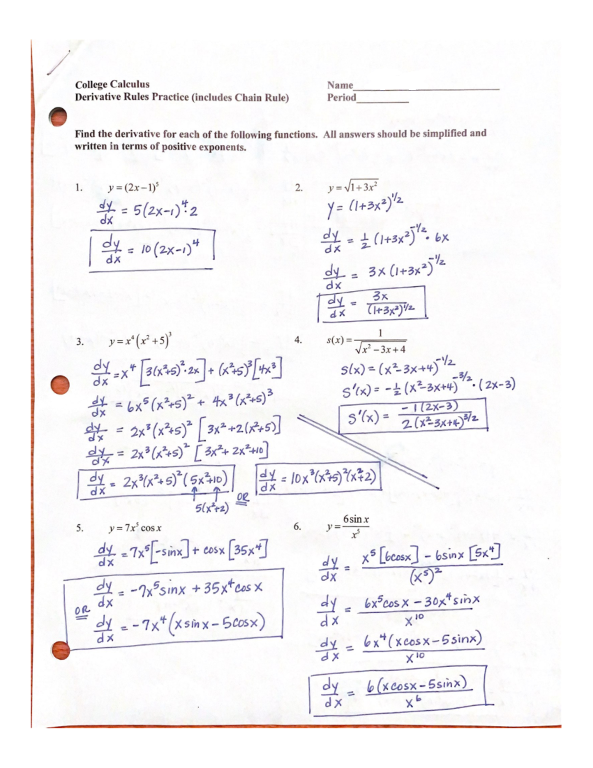 Solutions Derivative+Rules+Practice+(includes+chain+rule)+WS - MATH121 ...